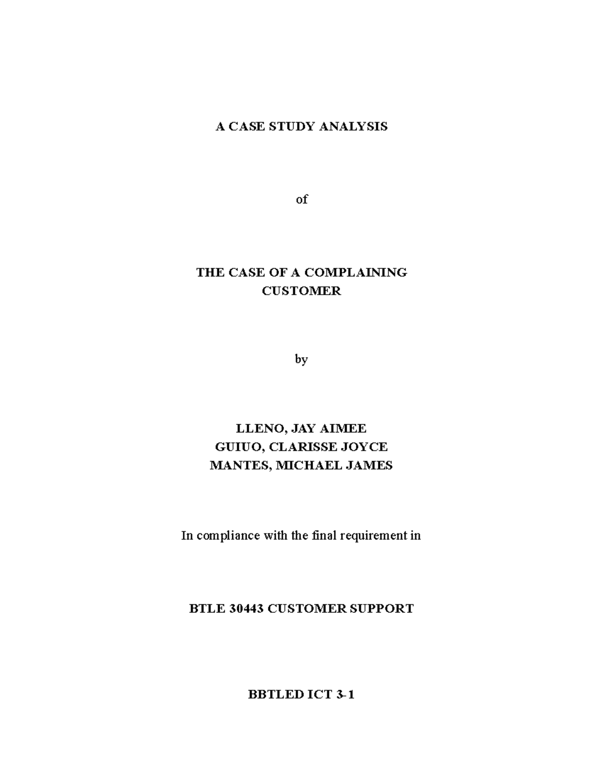 CASE OF Complaining Customer CASE Analysis - A CASE STUDY ANALYSIS of ...