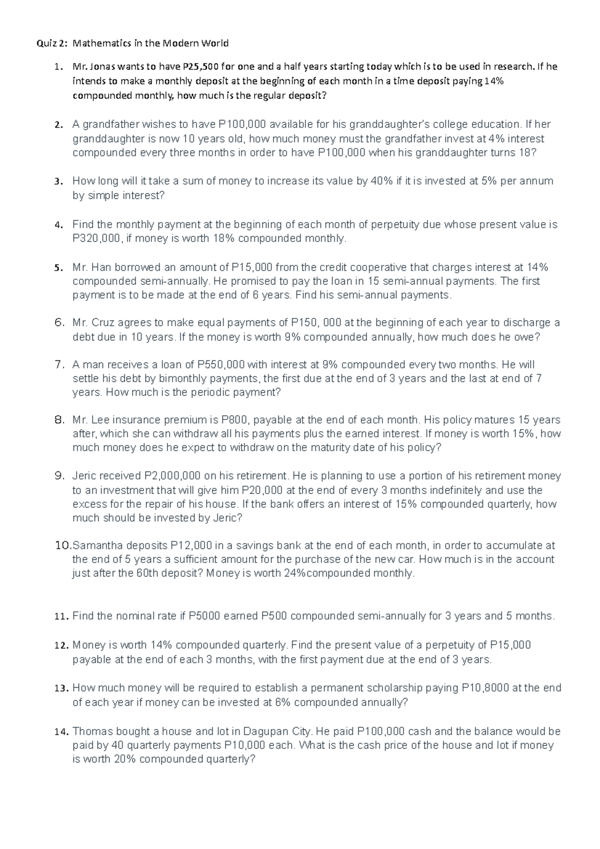 Quiz 2-MMW - mmw notes and tests - Quiz 2: Mathematics in the Modern ...