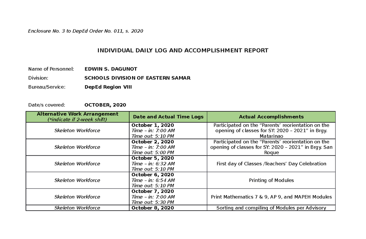 Accomplishment oct 2020 - Enclosure No. 3 to DepEd Order No. 011, s ...