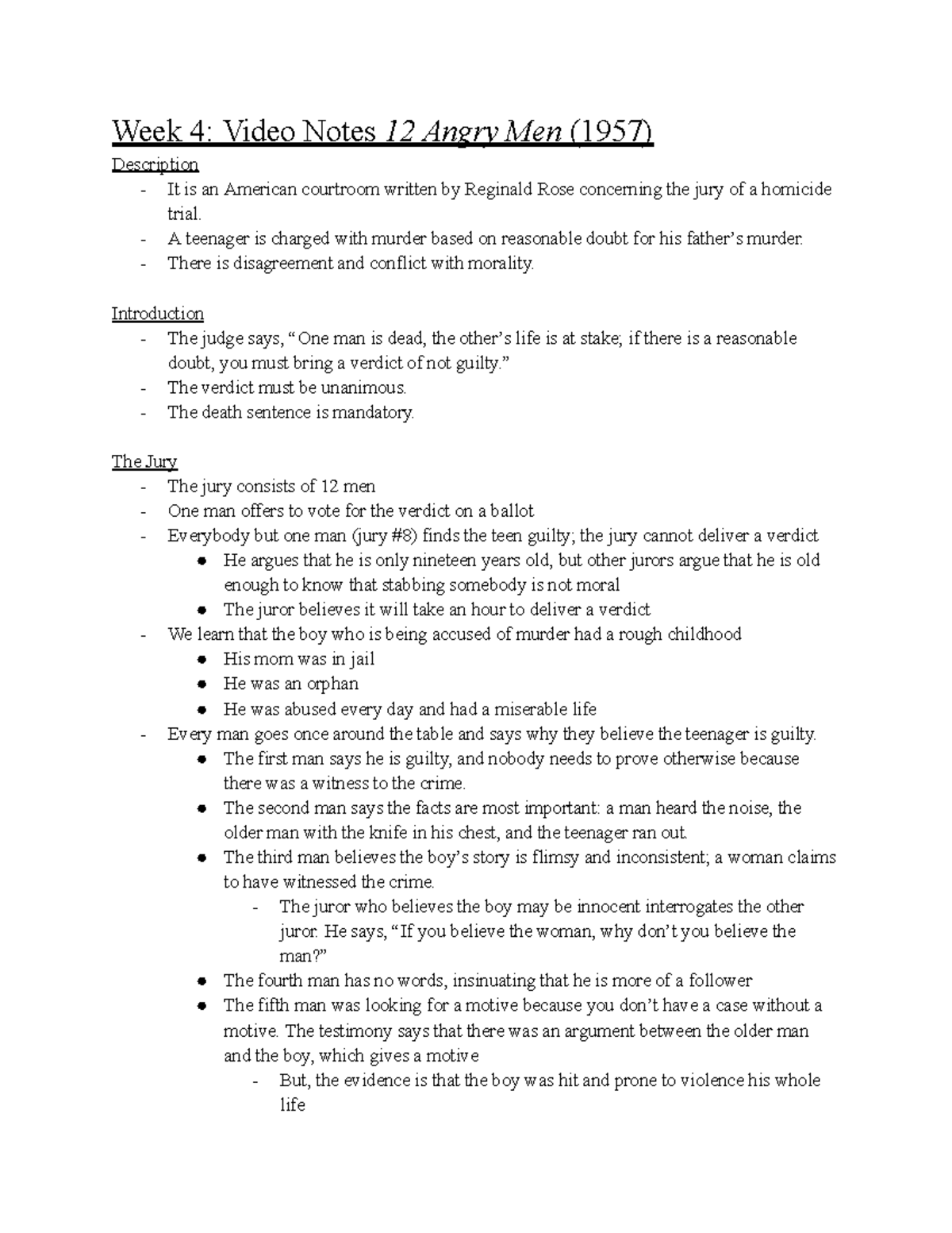 Poli Sci 1 Week 4 Video Notes 1 - Week 4: Video Notes 12 Angry Men ...