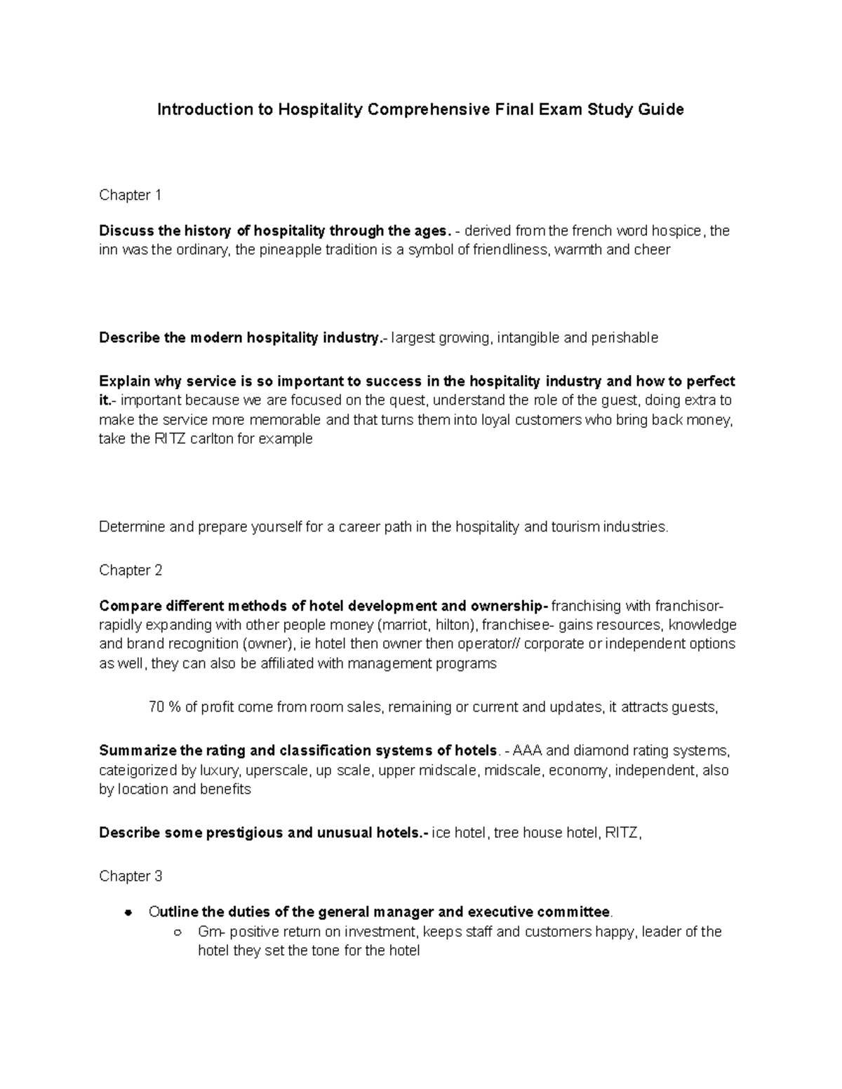 Introduction to Hospitality Study Guide-2 - Introduction to Hospitality ...