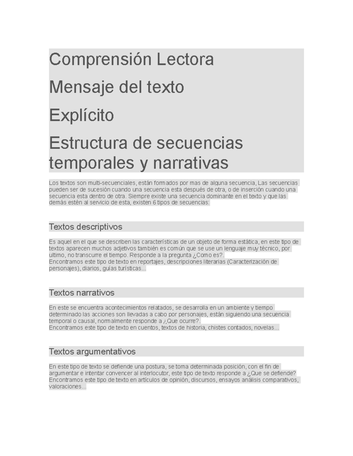 Comprensión Lectora - Comprensión Lectora Mensaje del texto Explícito ...