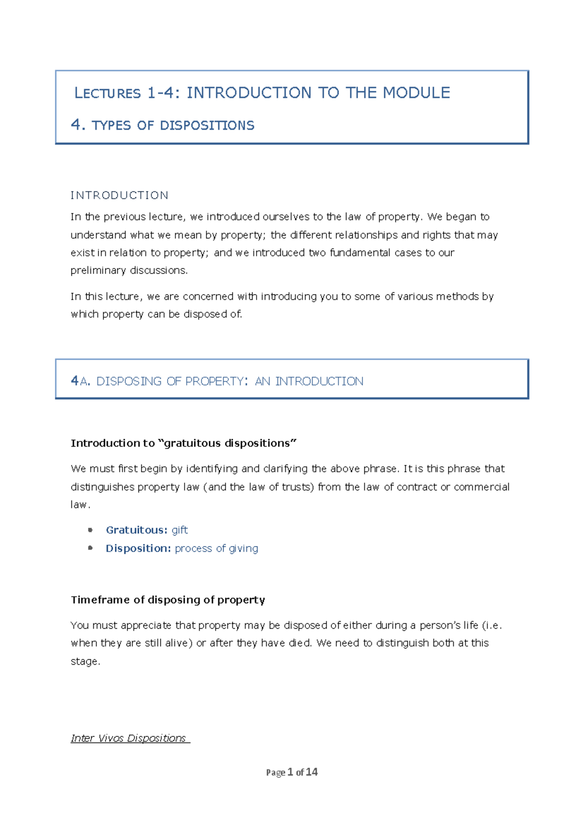 Lecture Handout for Week 4 - Types of Dispositions - LECTURES 1-4 ...