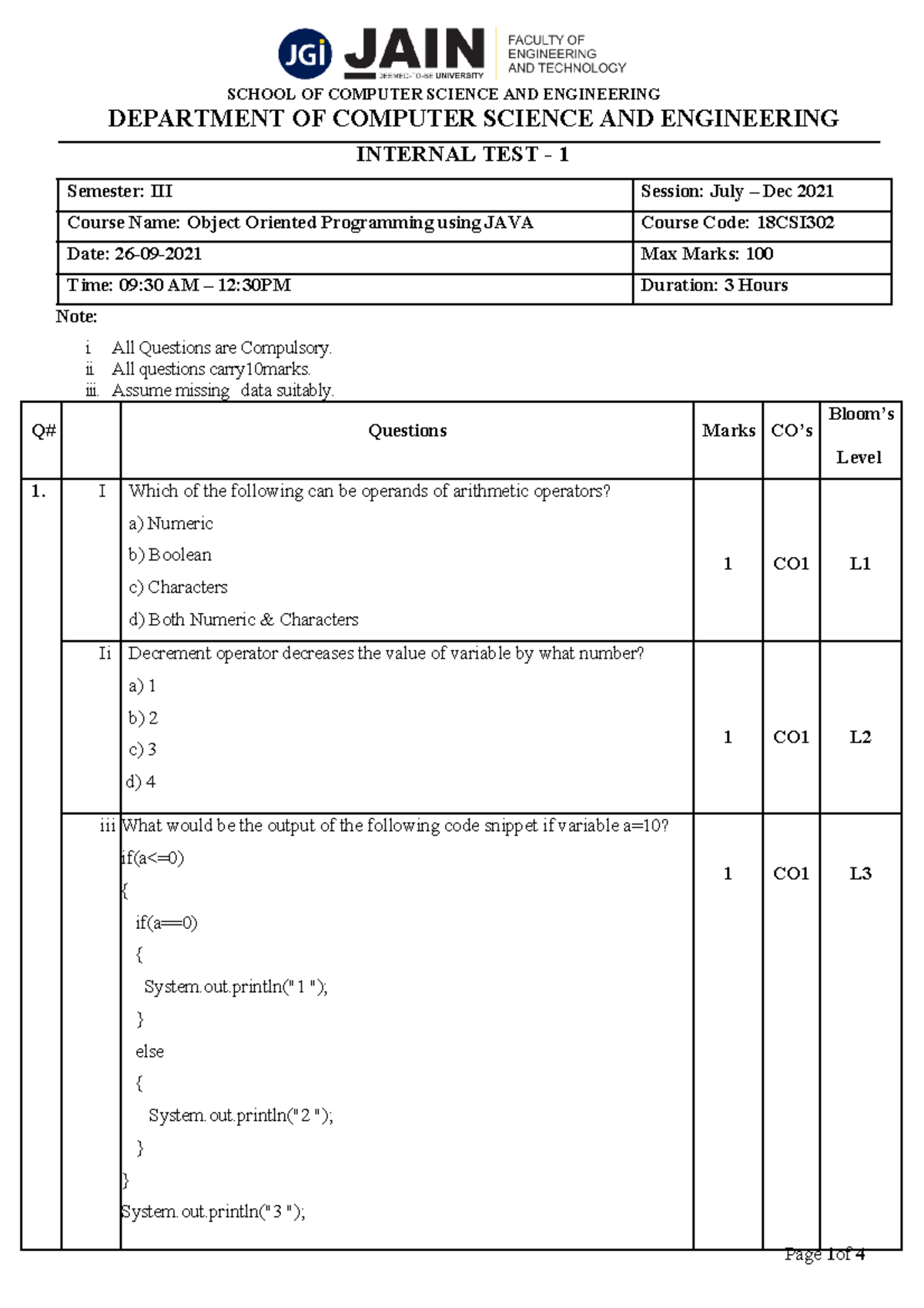 Internal 1 Page 1 Of 4 School Of Computer Science And Engineering Department Of Computer