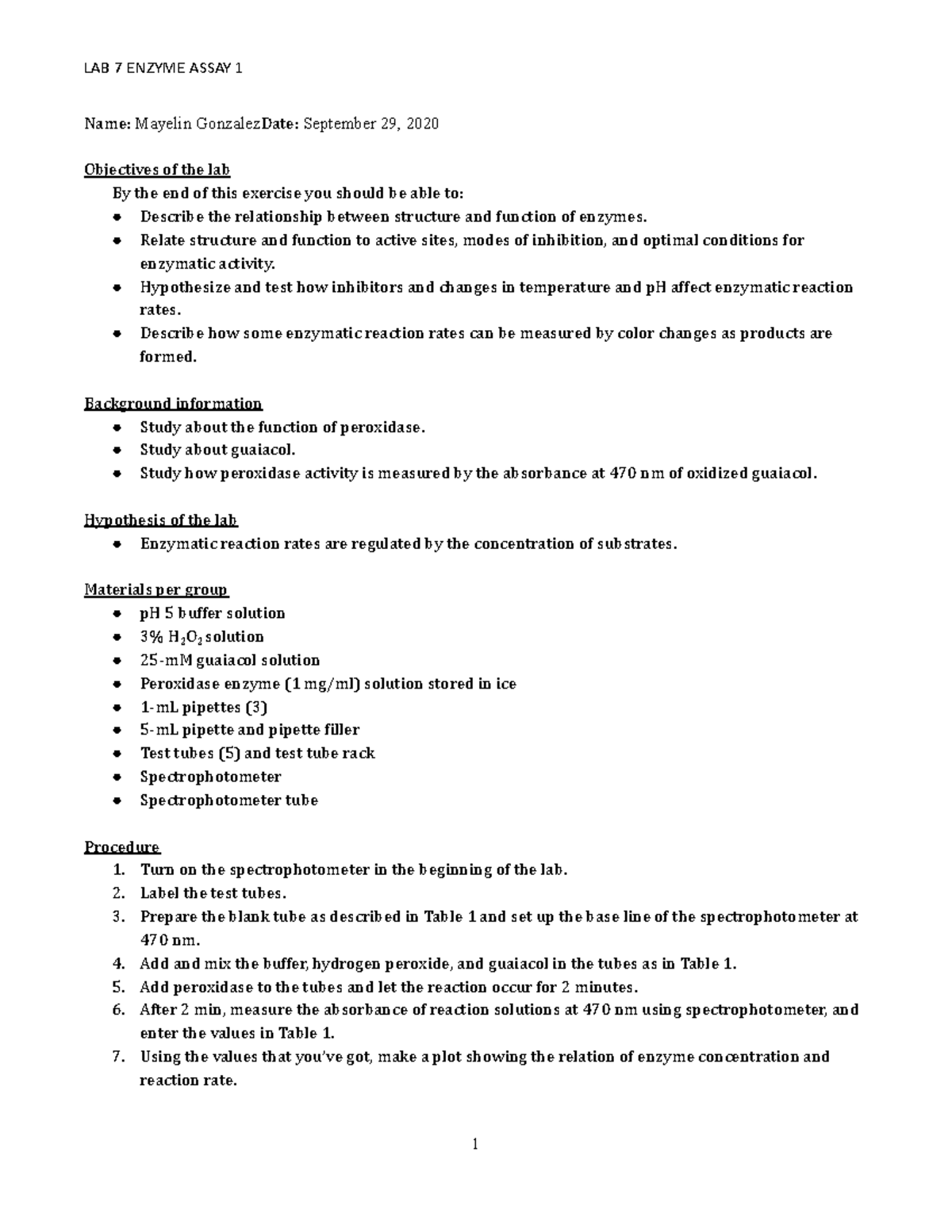 LAB 11 Enzyme Assay 1 - Chemistry - LAB 7 ENZYME ASSAY 1 Name: Mayelin ...