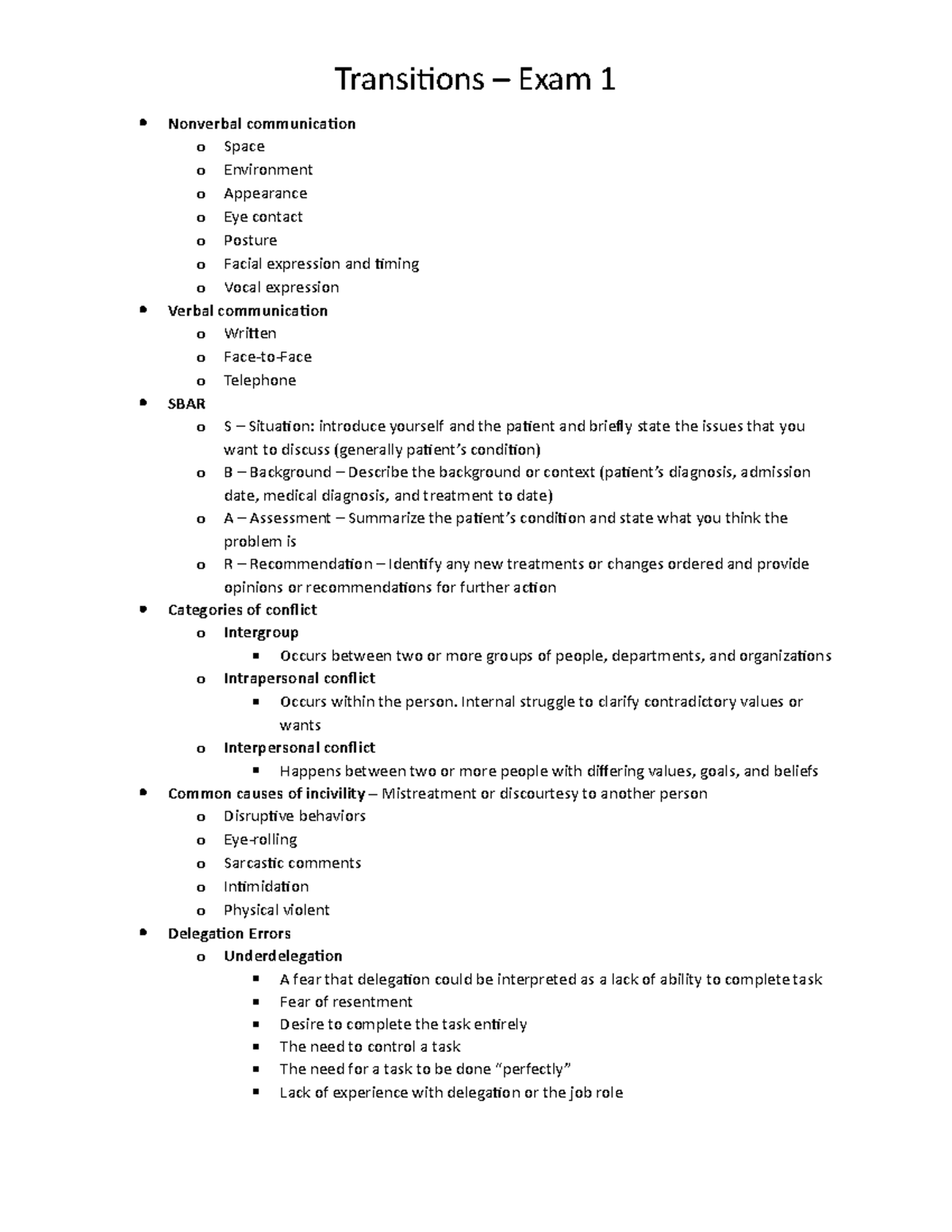 Exam 1 Transitions - Transition to practice exam outline - Nonverbal ...