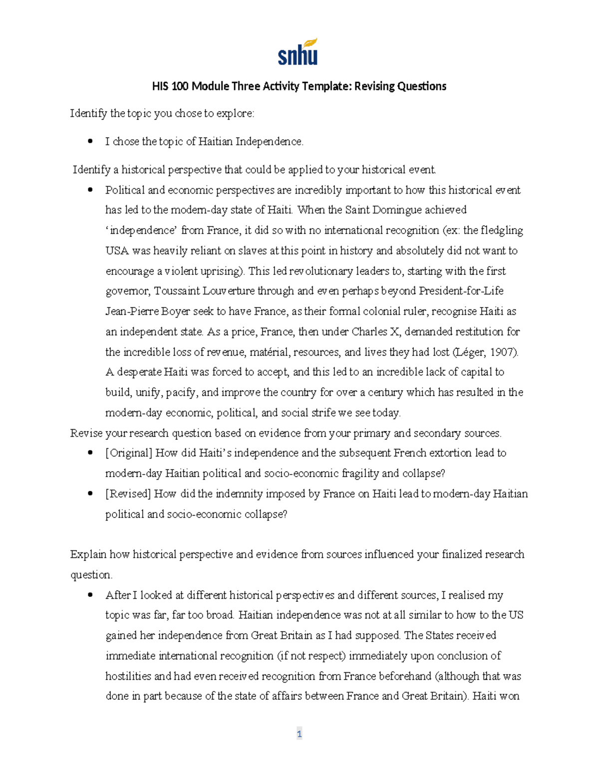 Module Three Activity Revising Questions Template - HIS 100 Module ...