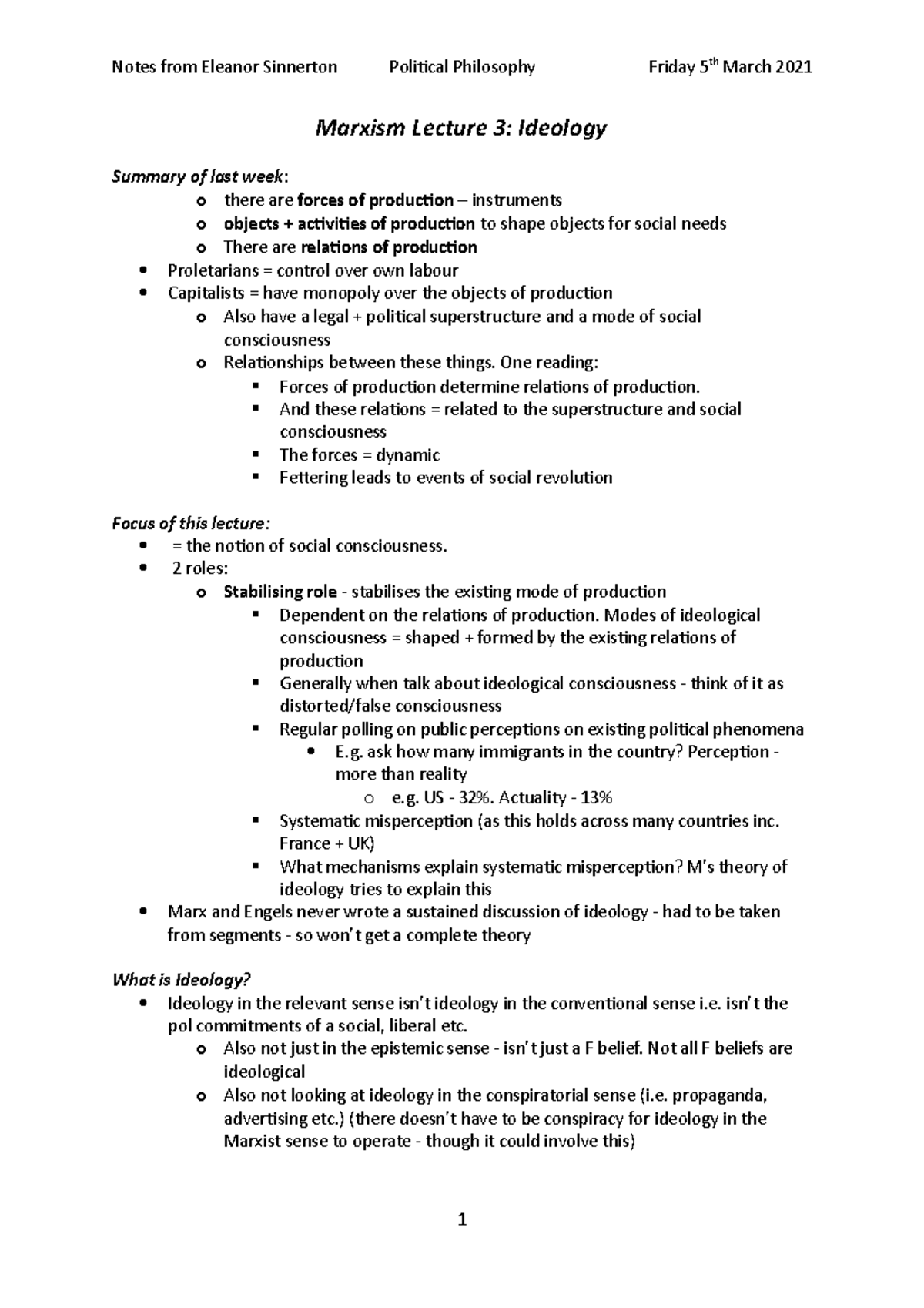 Marxism Lecture 3 - ideology - Marxism Lecture 3: Ideology Summary of ...