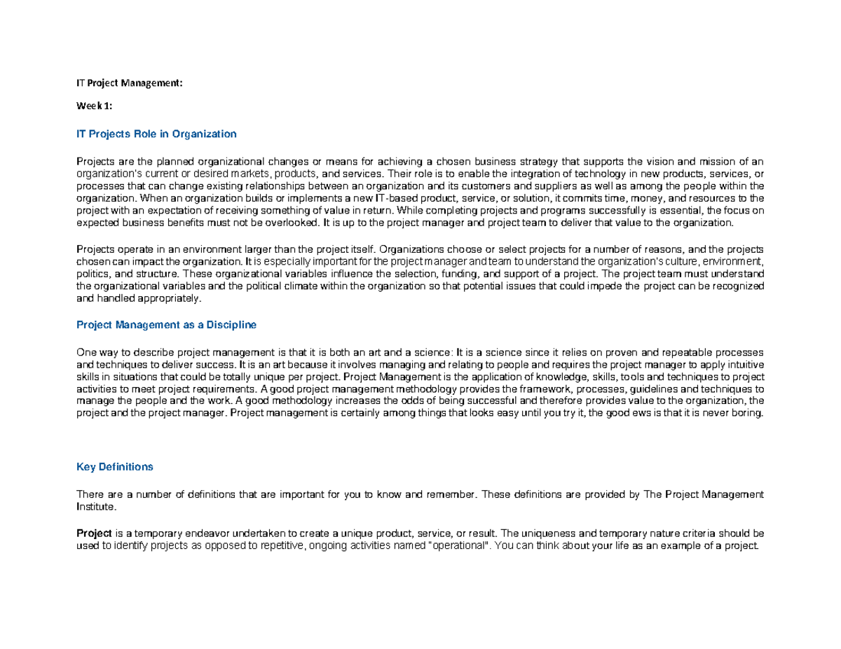 Lecture Note CNET-307 Week(1-12) - IT Project Management: Week 1: IT ...