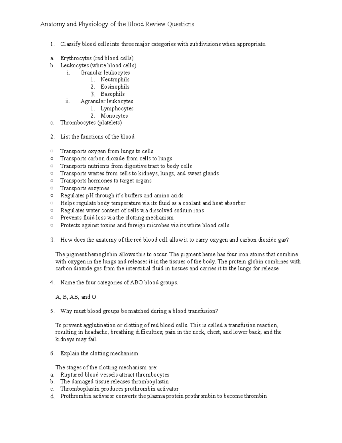 Anatomy and Physiology of the Blood Review Questions - a. Erythrocytes ...