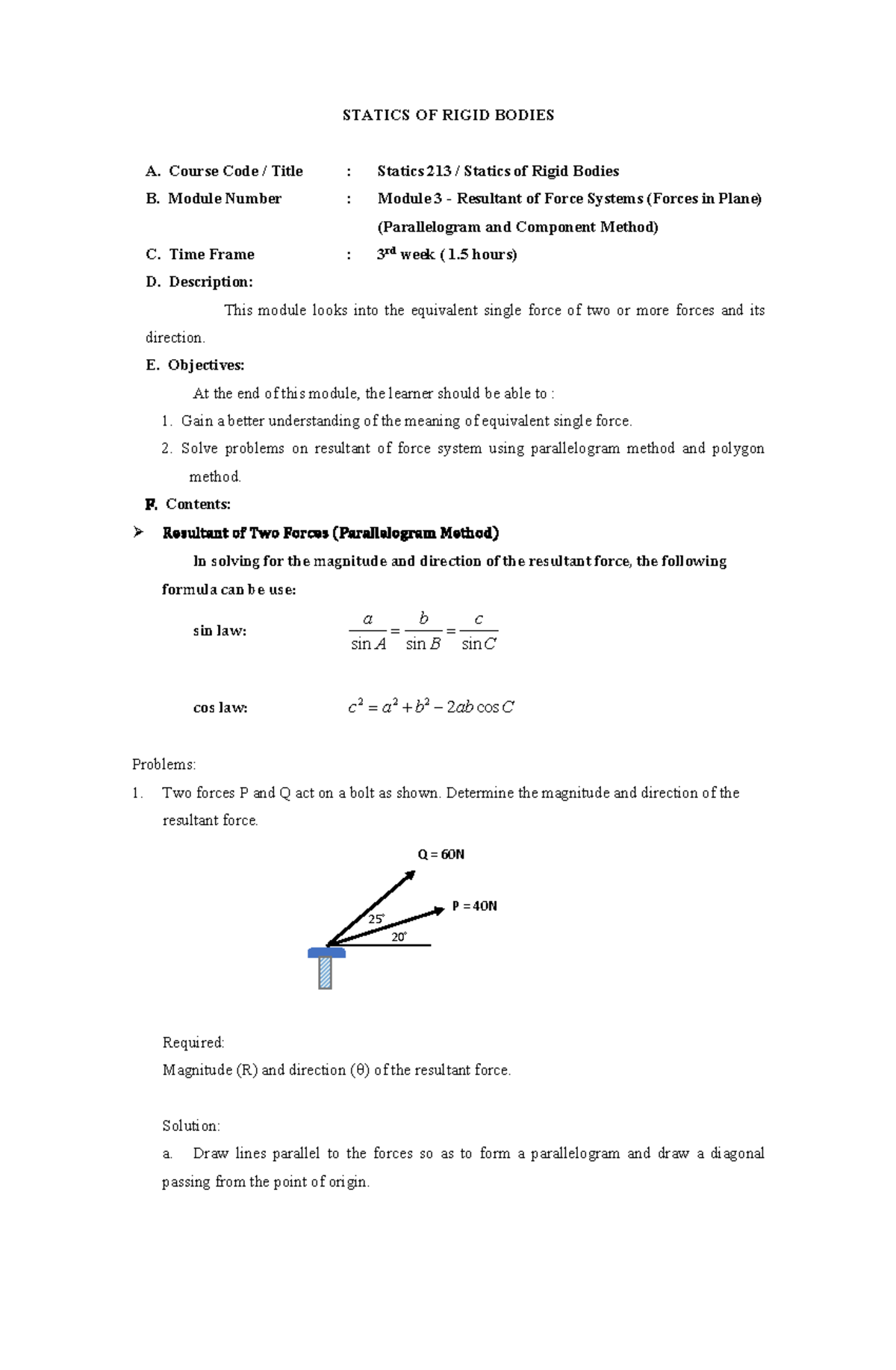 Module-3-Statics Resultant of Force Systems (Forces in Plane) - STATICS OF RIGID BODIES A ...
