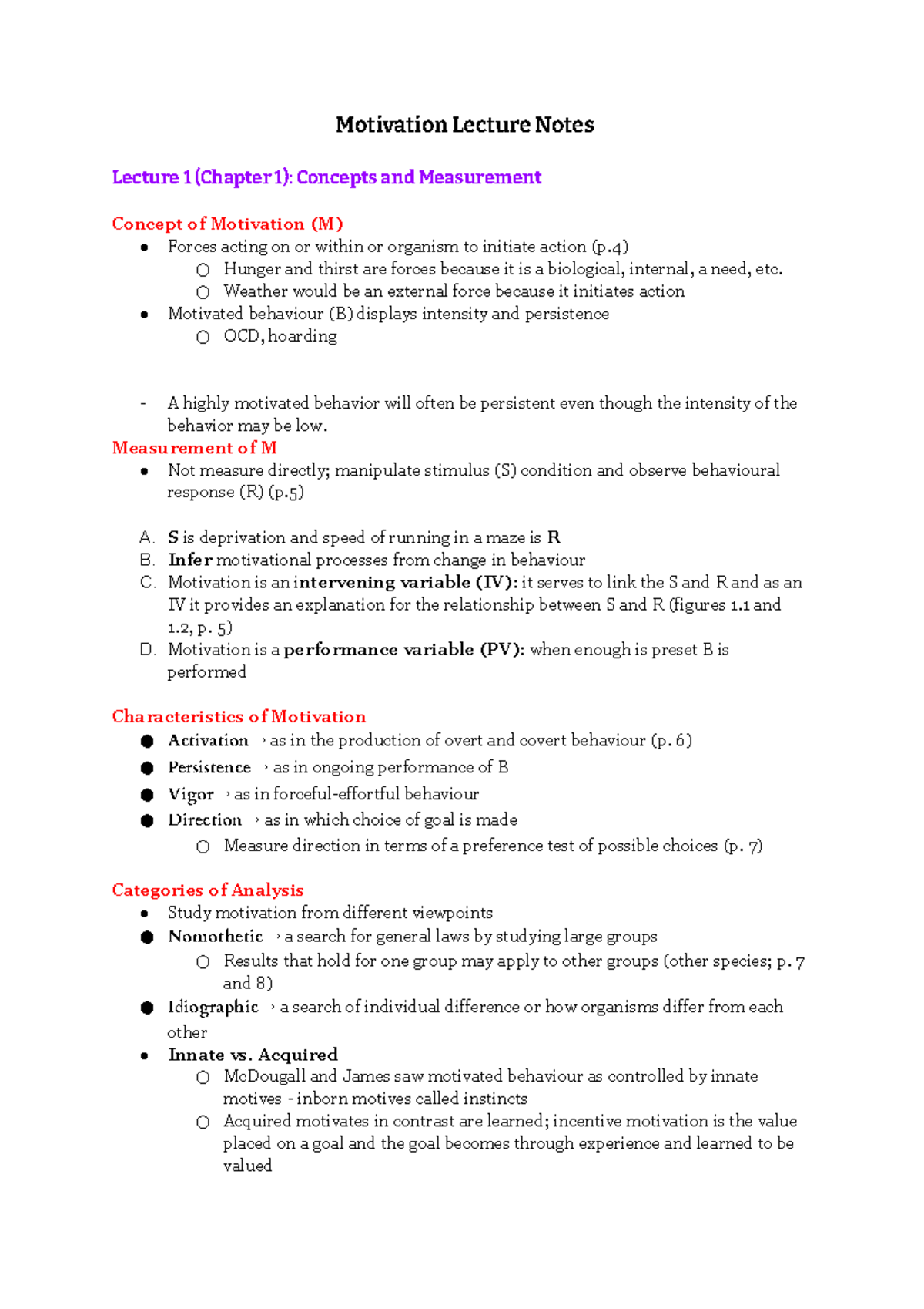 Motivation Notes - Motivation Lecture Notes Lecture 1 (Chapter 1 ...