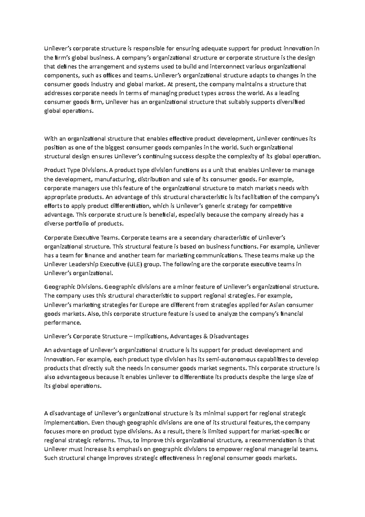 Structure of Unilever for exam case - Unilever’s corporate structure is ...