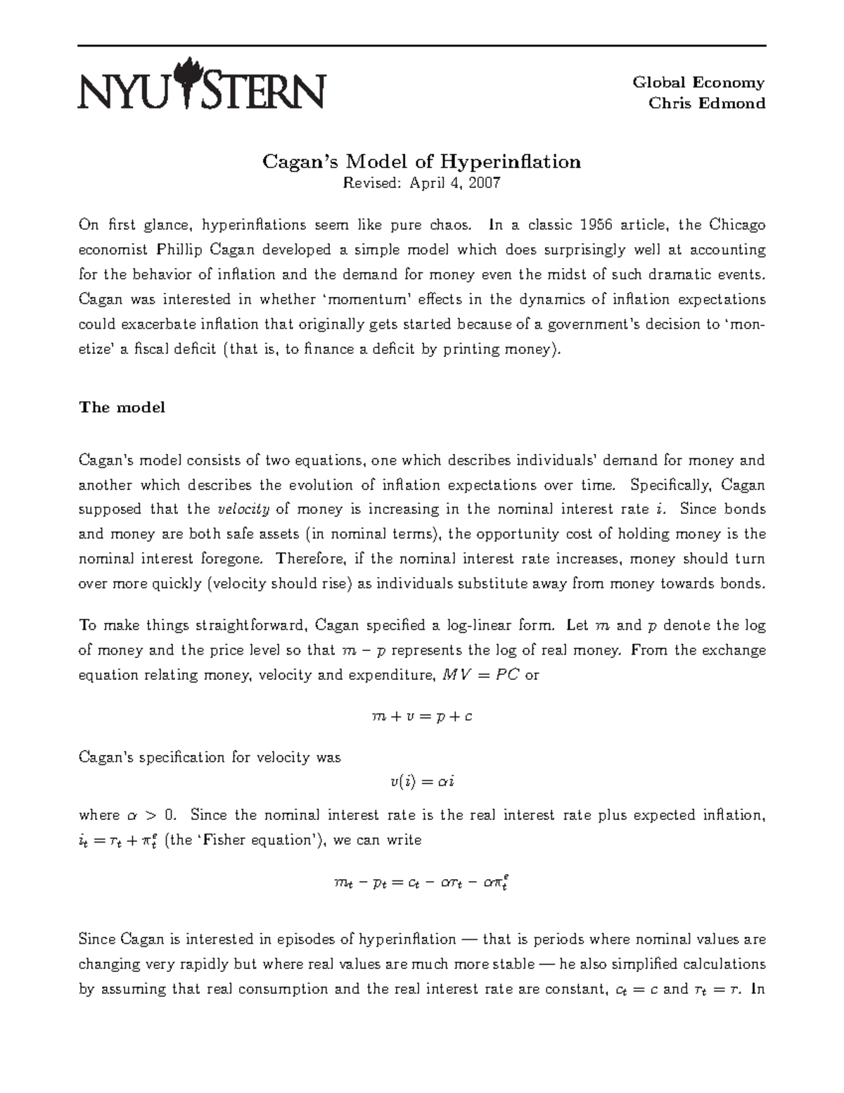 Notes-cagan - Voto: 7 - Global Economy Chris Edmond Cagan’s Model of ...