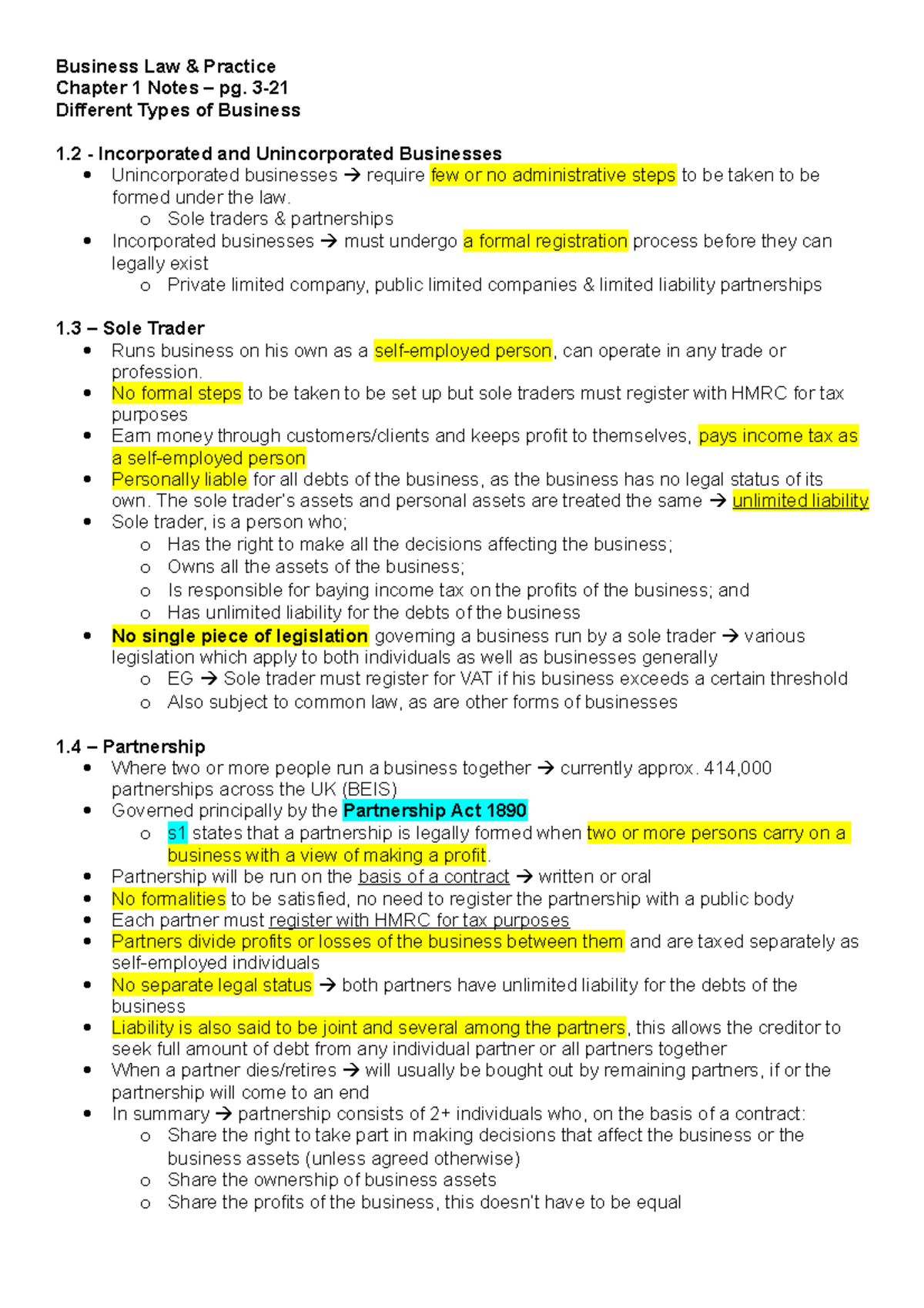 Partnership - Reading Notes - Chapter 1 Notes – pg. 3- Different Types ...
