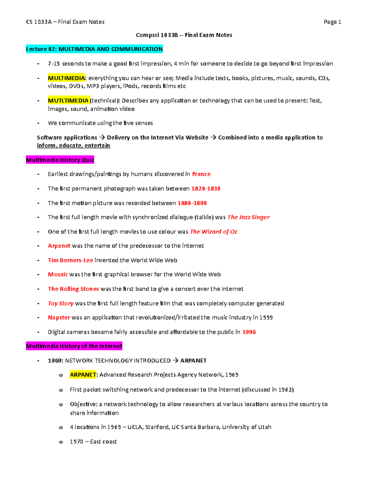 Master NOTE CSCI 2 2 - summary - Compsci 1033B – Final Exam Notes ...