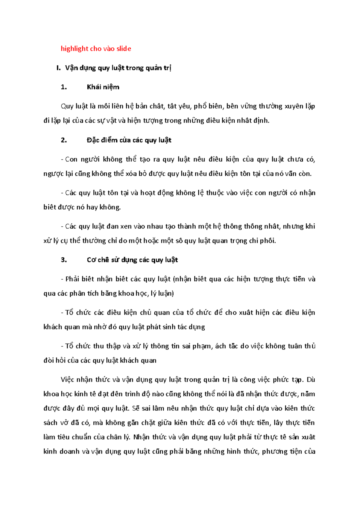 1.4 Quy luật và nguyên tắc quản trị - highlight cho vào slide **I. V n d ng quy lu t trong qu n ...