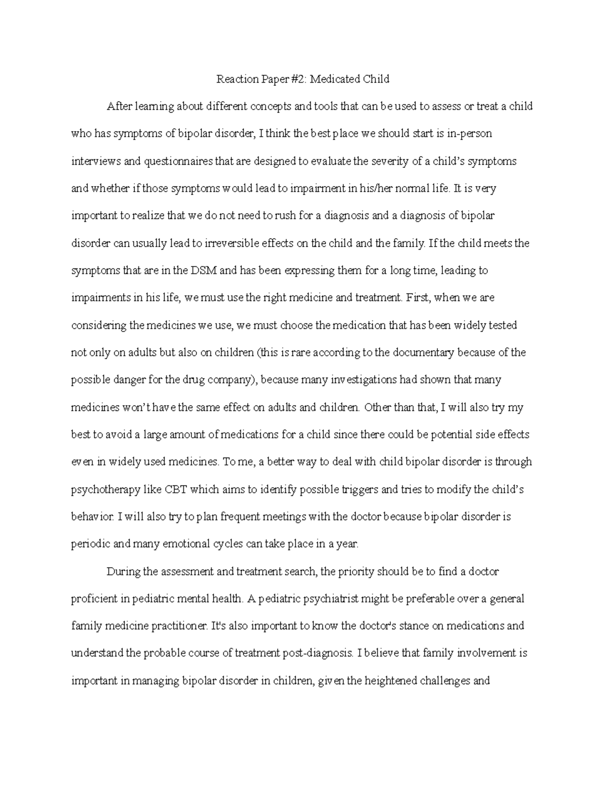 Reaction Paper #2 Medicated Child - Reaction Paper #2: Medicated Child ...