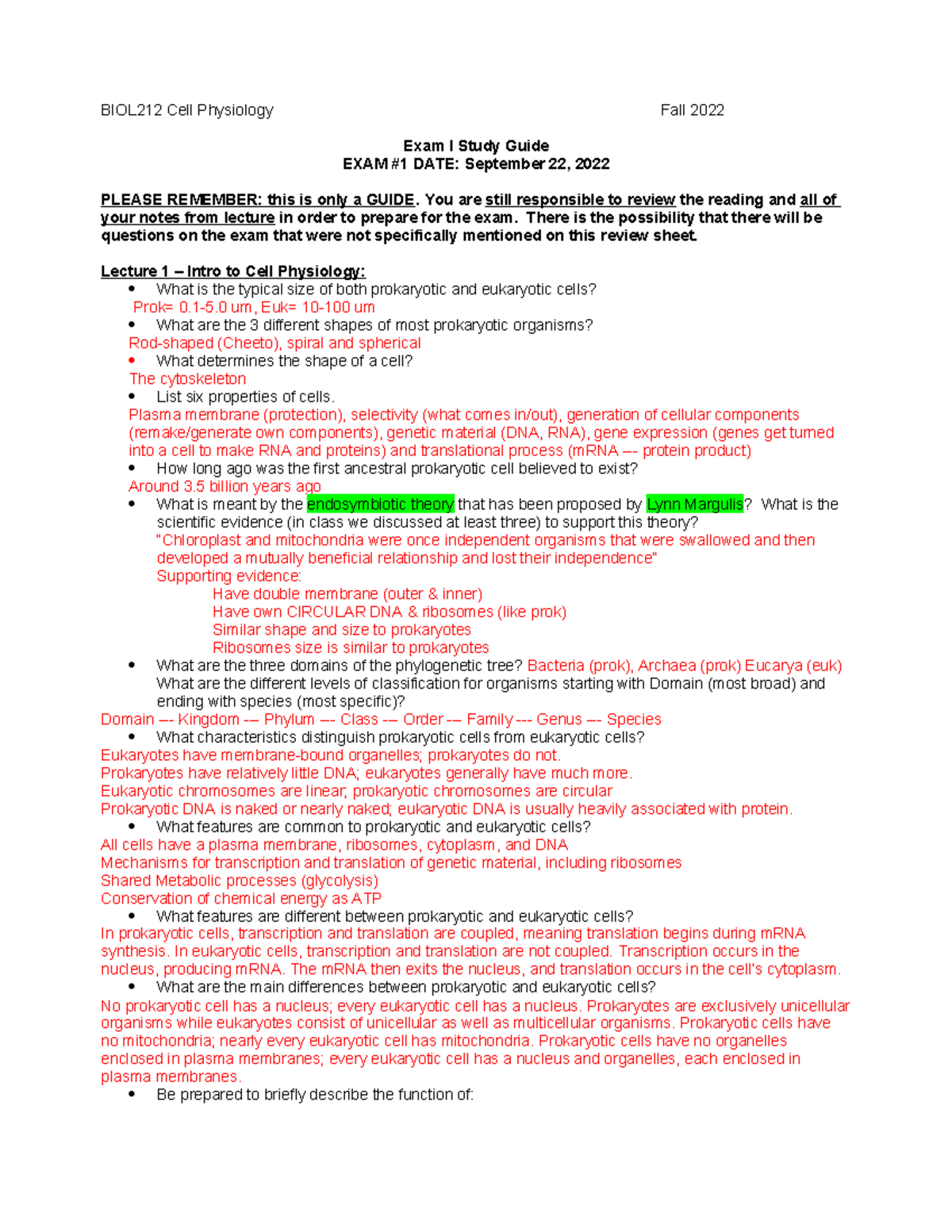Fall2022 Cell Phys Study Guide EXAM 1 Lectures 1-8 - BIOL212 Cell Physiology Fall 2022 Exam I ...
