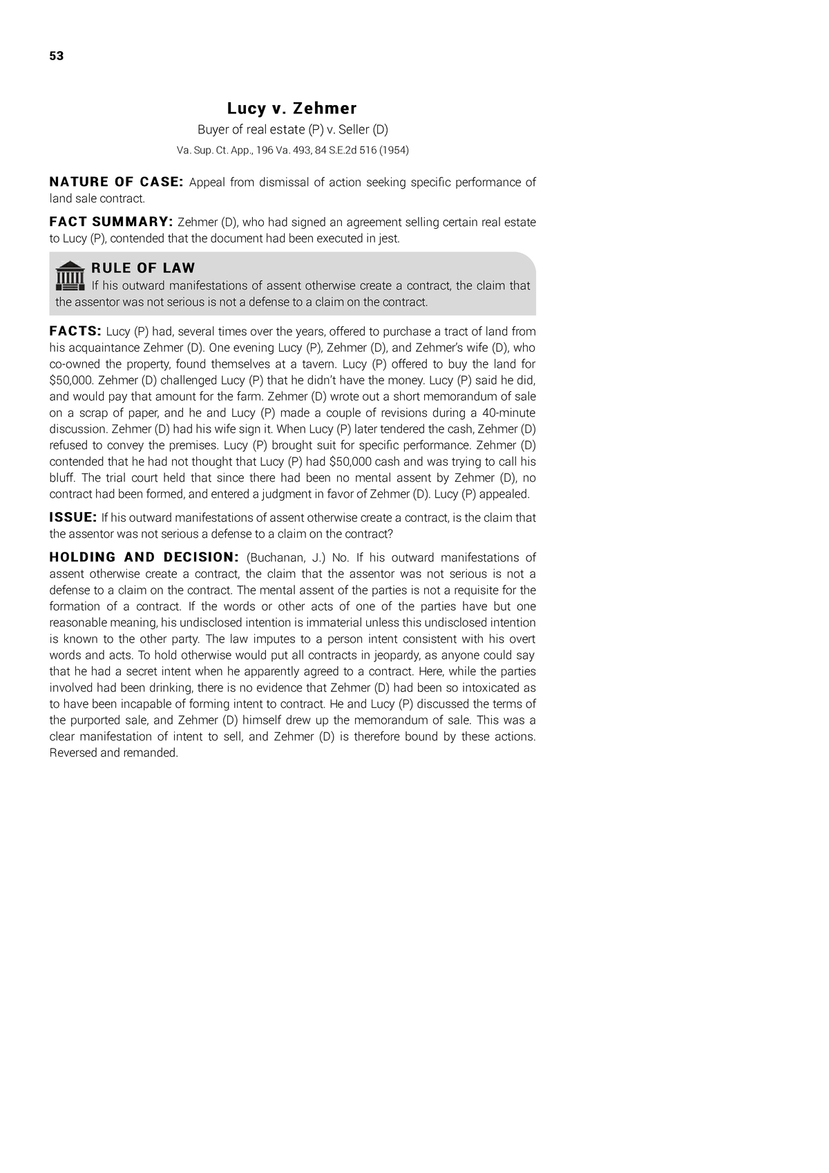 Lucy v. Zehmer - case outline for contracts I - 5353 Lucy v. Ze hme ...
