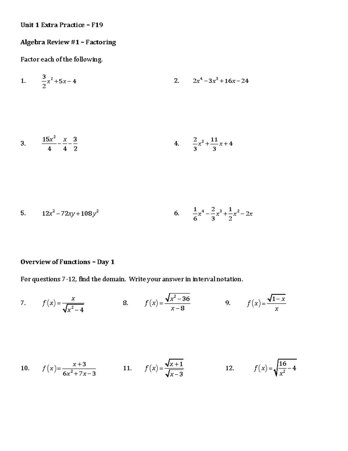 Unit 1 Extra Practice - F19 - Unit 1 Extra Practice – F Algebra Review ...