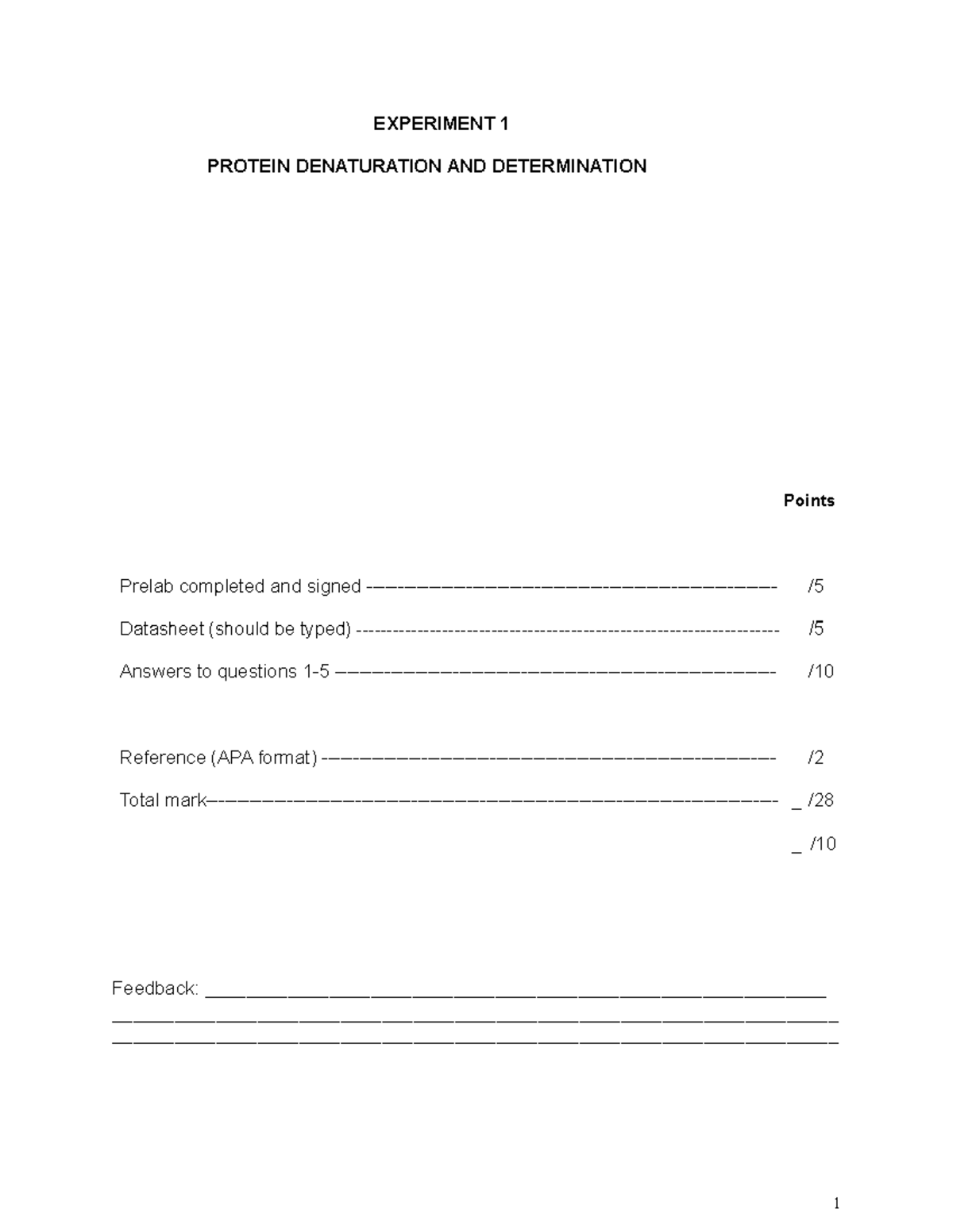 Pre lab & Post lab - Assignmet 1 Experiment 1 - EXPERIMENT 1 PROTEIN ...