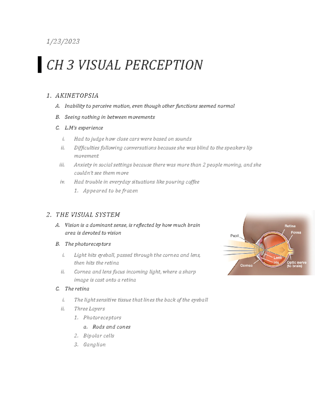 Visual Perception - Gaganwig - 1/23/ CH 3 VISUAL PERCEPTION 1. AKINETOPSIA A. Inability to ...