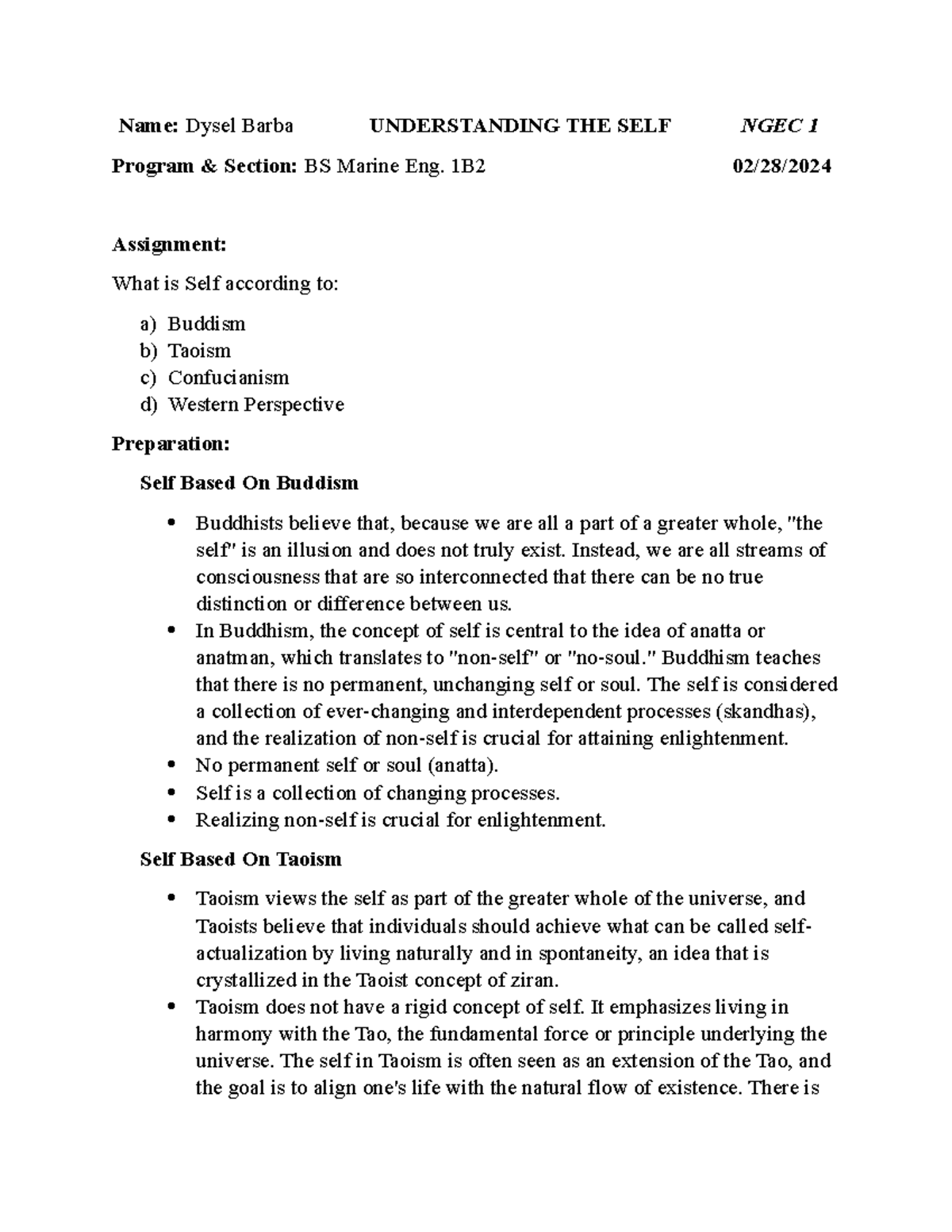Uts - Understanding The Self - Name: Dysel Barba UNDERSTANDING THE SELF ...
