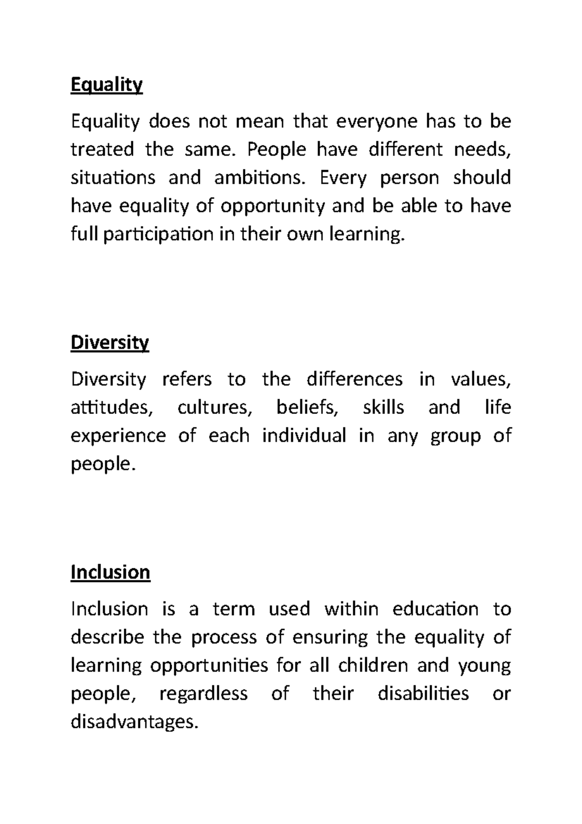 Equality and diversity definitions - Equality Equality does not mean ...