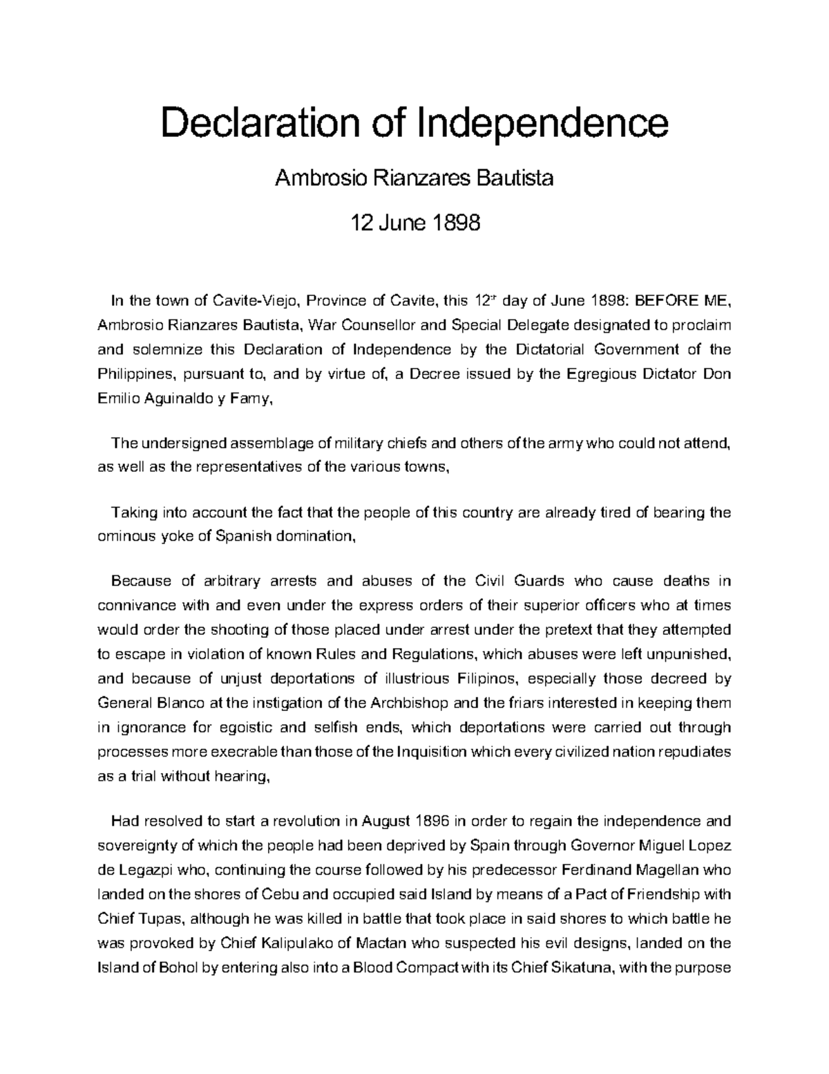 1898 Act of Independence - Declaration of Independence Ambrosio ...