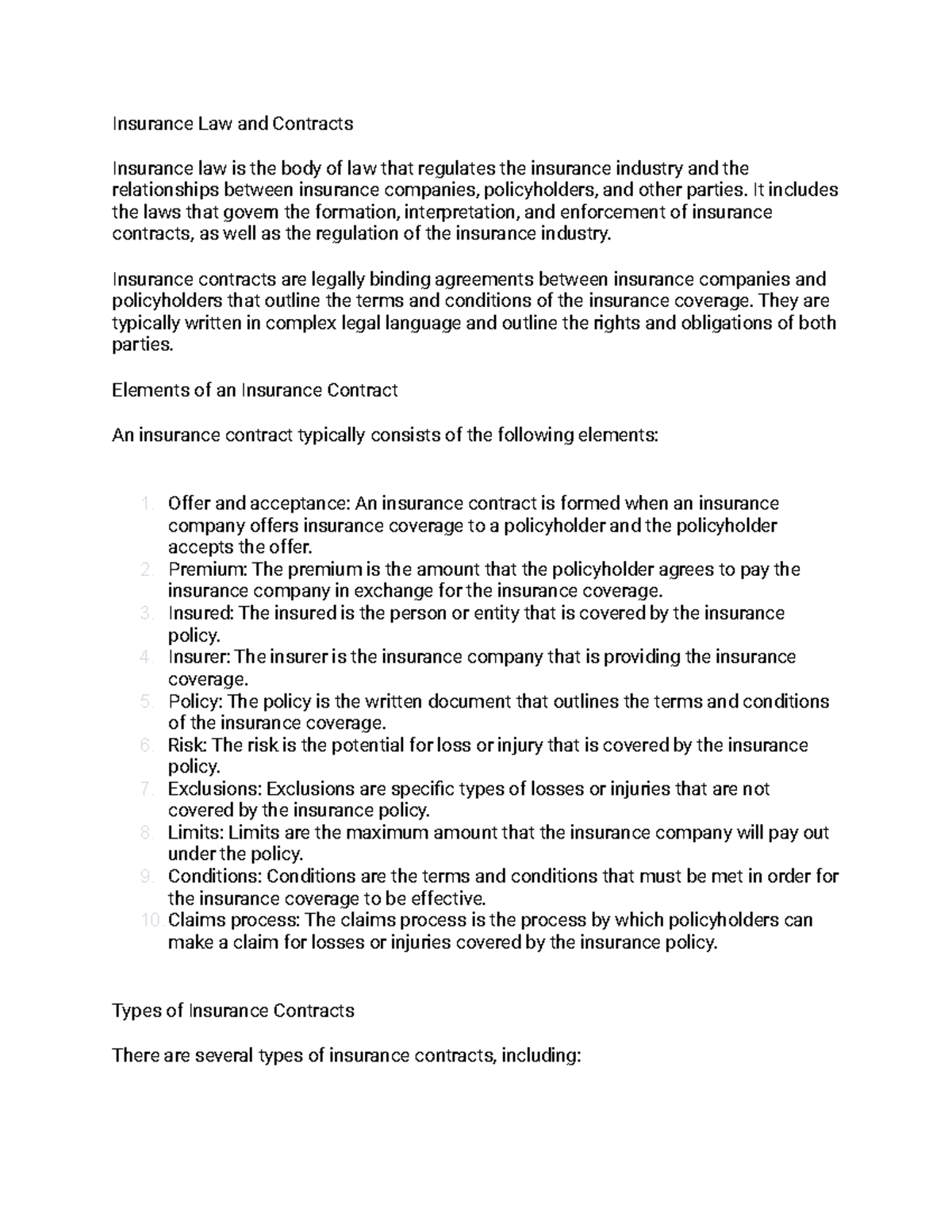 Intro to insurance law and contracts - Insurance Law and Contracts ...