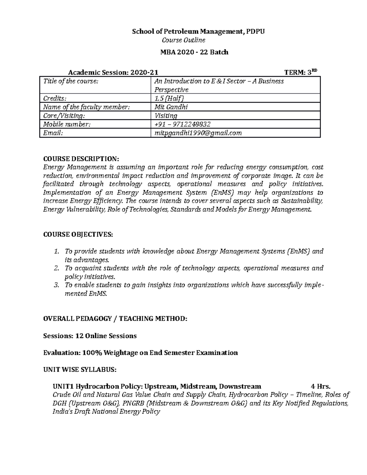 E I (MG) Detailed Course Outline Format 12 Sessions - School of ...