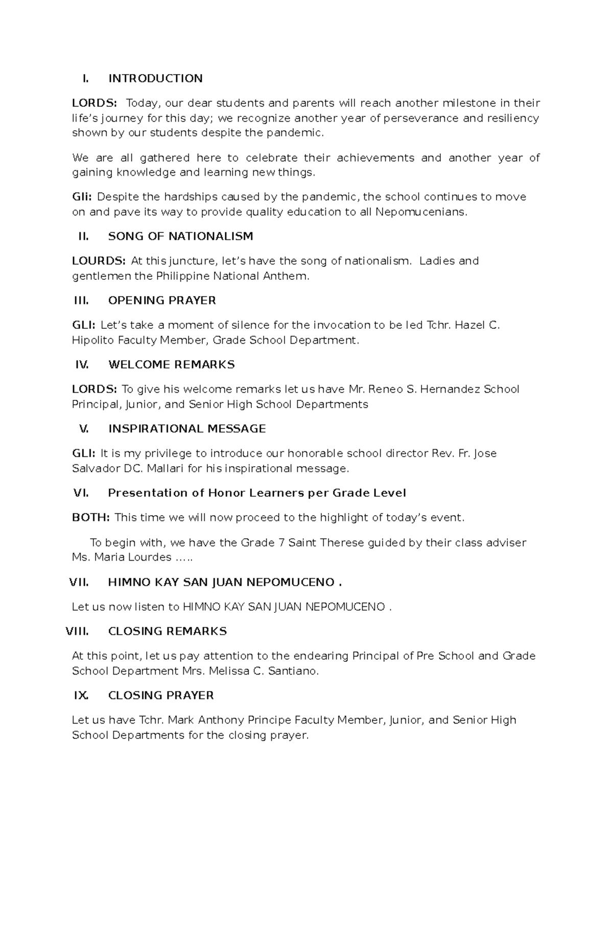 Recognition- Script - I. INTRODUCTION LORDS: Today, our dear students ...