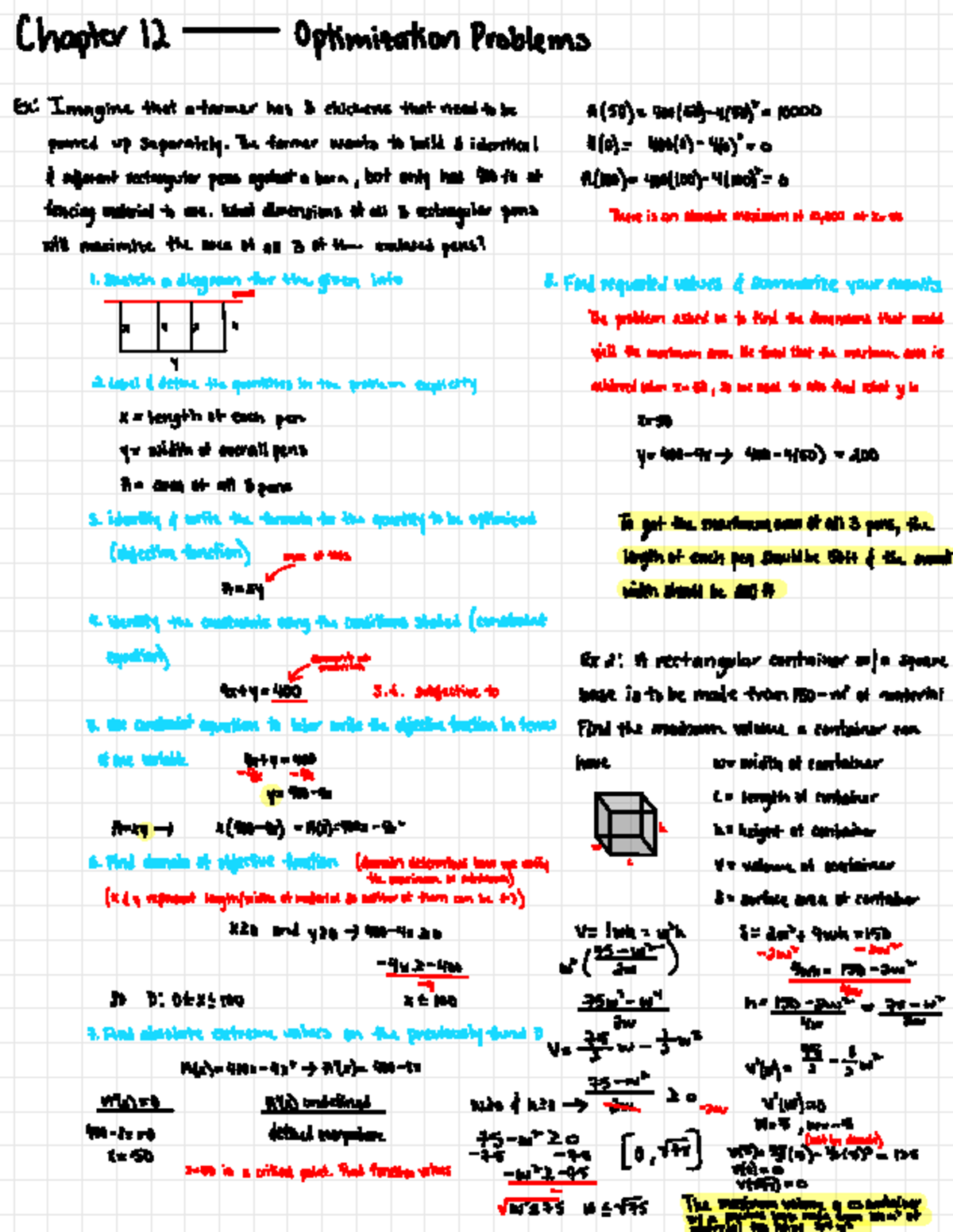 Chapter 12 notes - Chapter 12 Optimization Problems Ex: Imagine that a ...