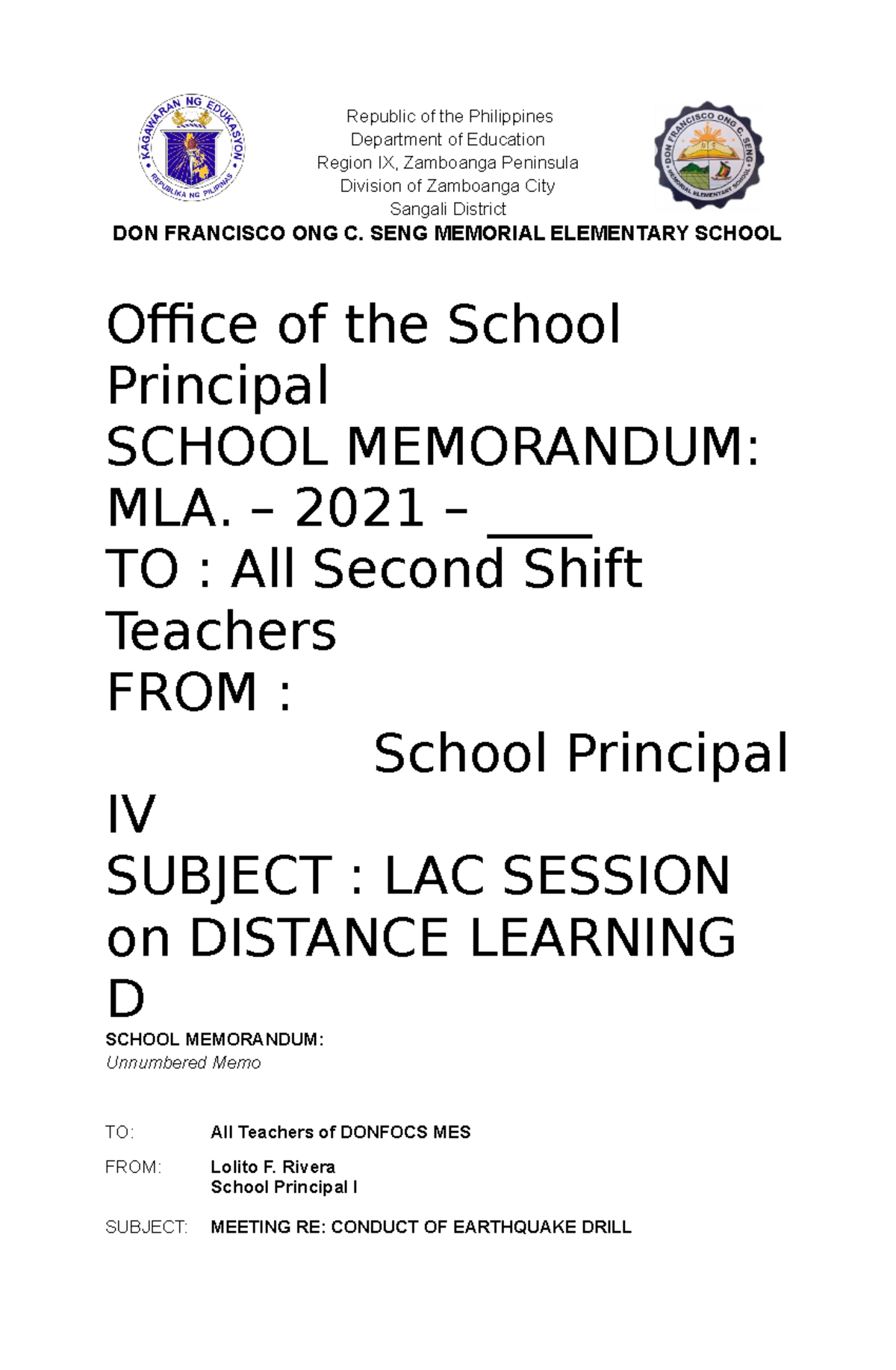 Earthquake drill - DepEd School Memo - Republic of the Philippines ...