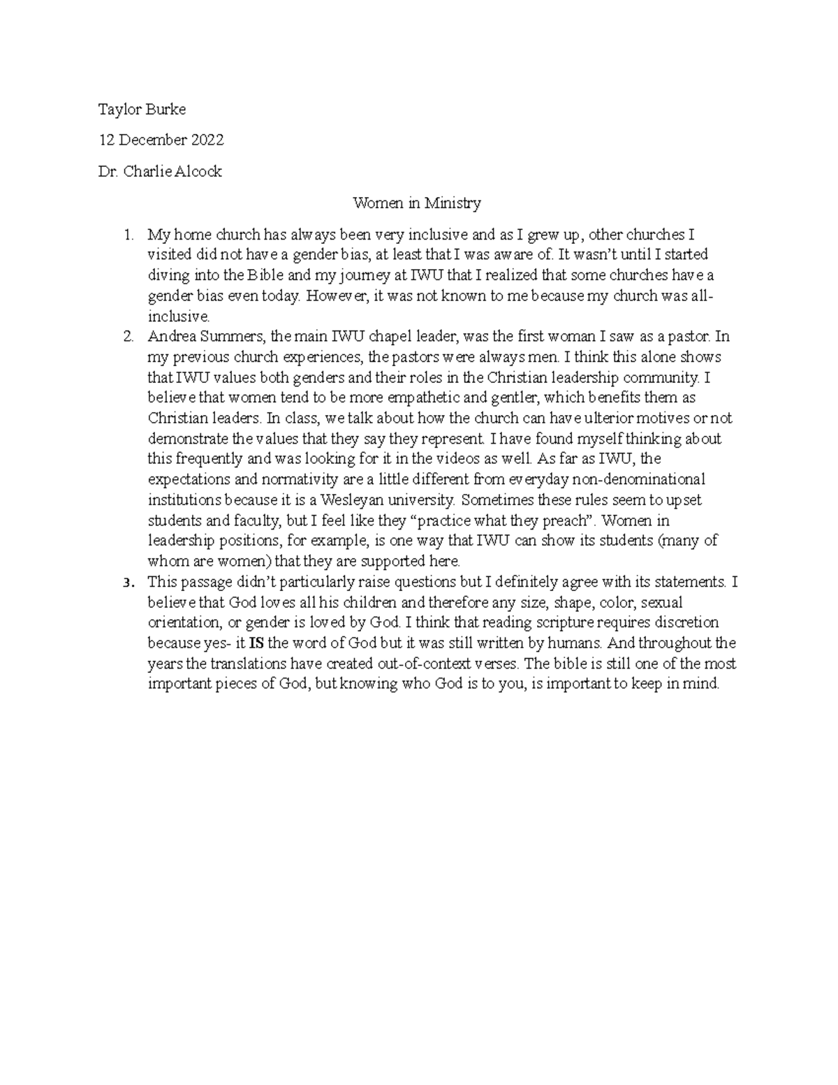 Women in Ministry - Essay - Taylor Burke 12 December 2022 Dr. Charlie ...