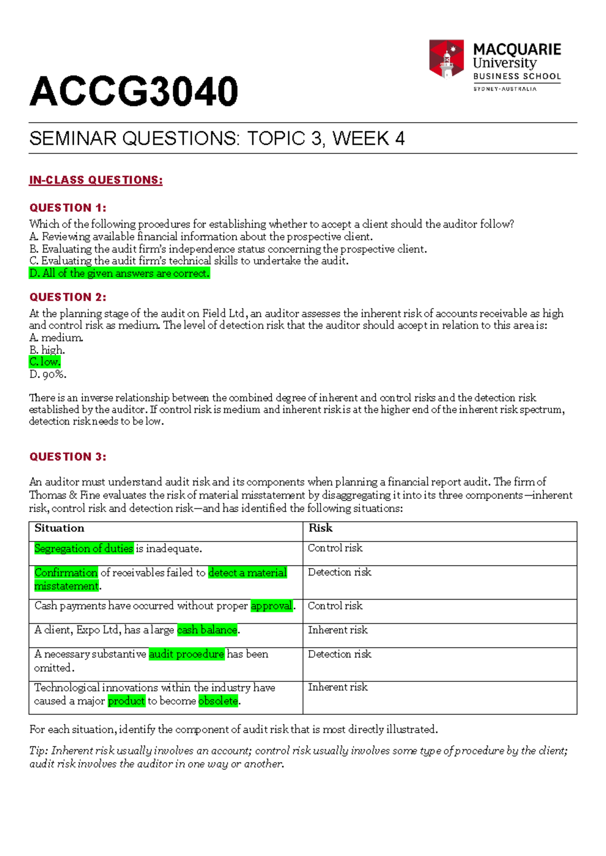 Tutorial Questions W3 solution - ACCG SEMINAR QUESTIONS: TOPIC 3, WEEK ...