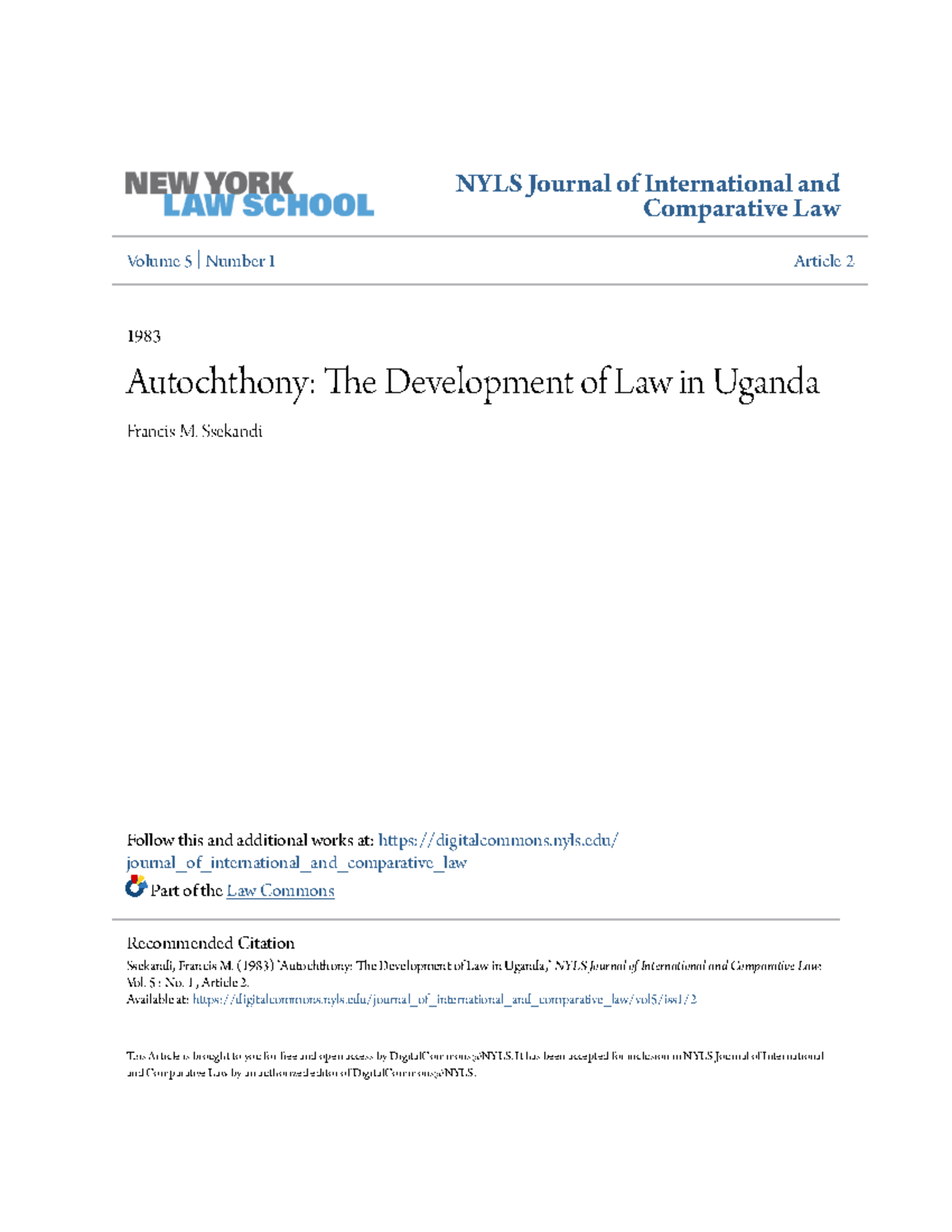 Autochthony The Development of Law in Uganda - NYLS Journal of ...