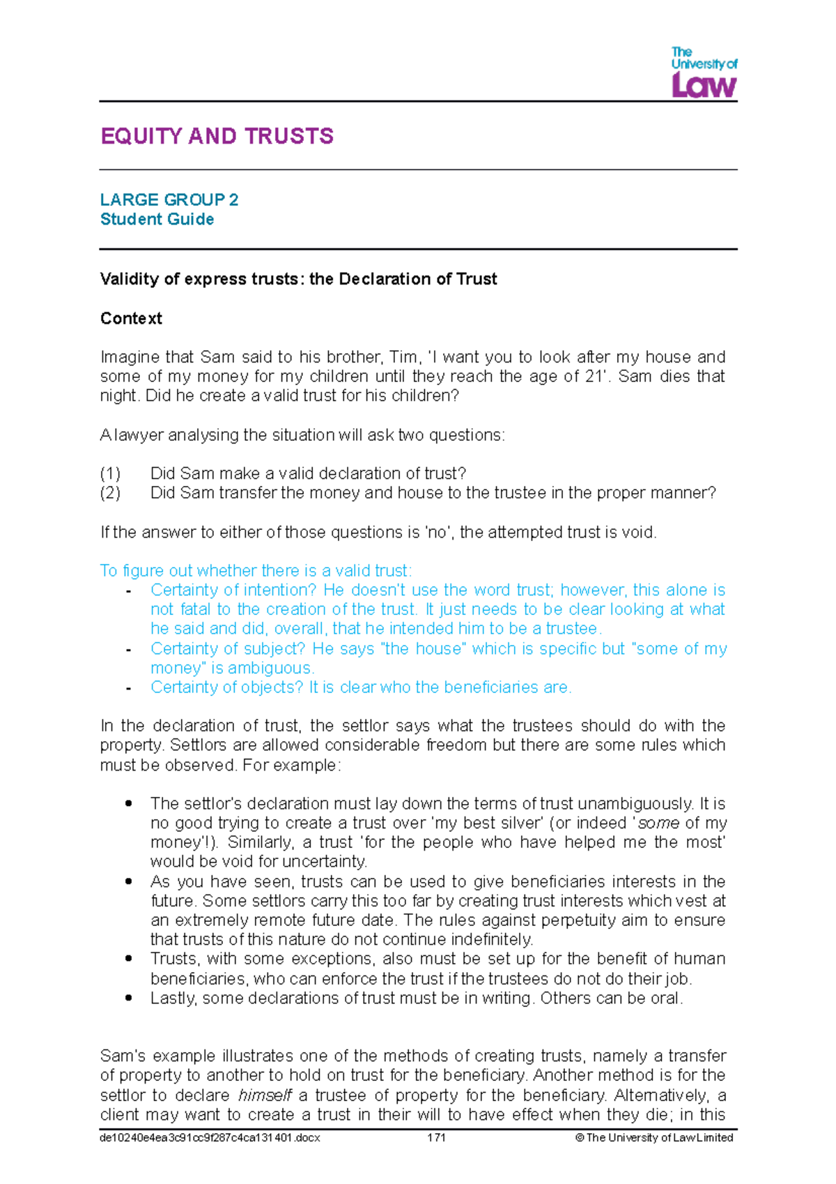 Equity and Trusts LG 2 - EQUITY AND TRUSTS LARGE GROUP 2 Student Guide ...