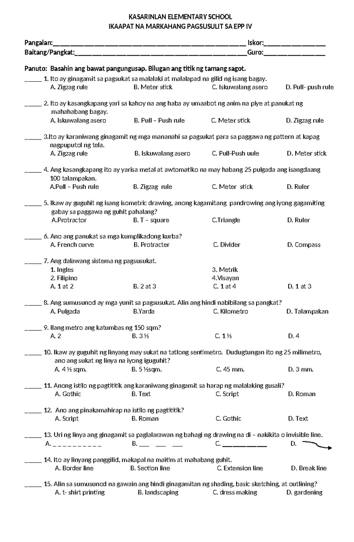 PT EPP 4 Industrial Arts - KASARINLAN ELEMENTARY SCHOOL IKAAPAT NA ...
