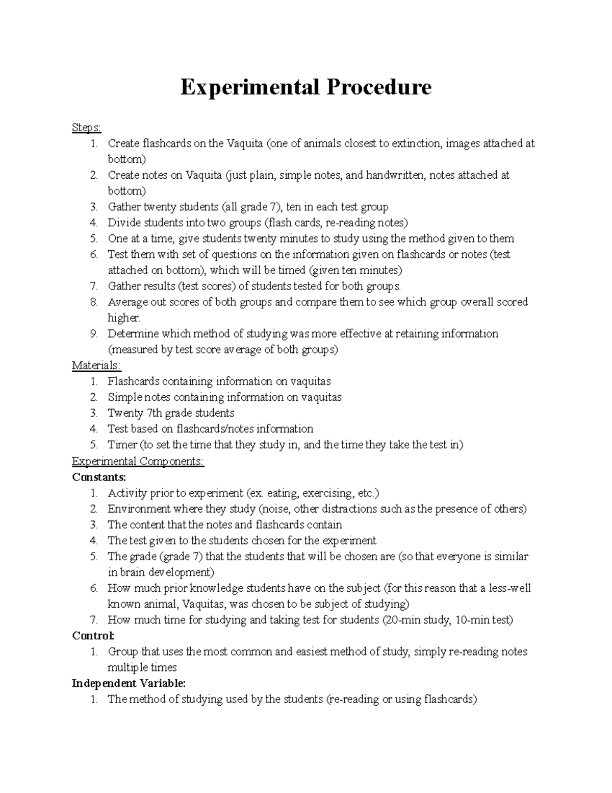 Experimental Procedure - Experimental Procedure Steps: 1. Create ...