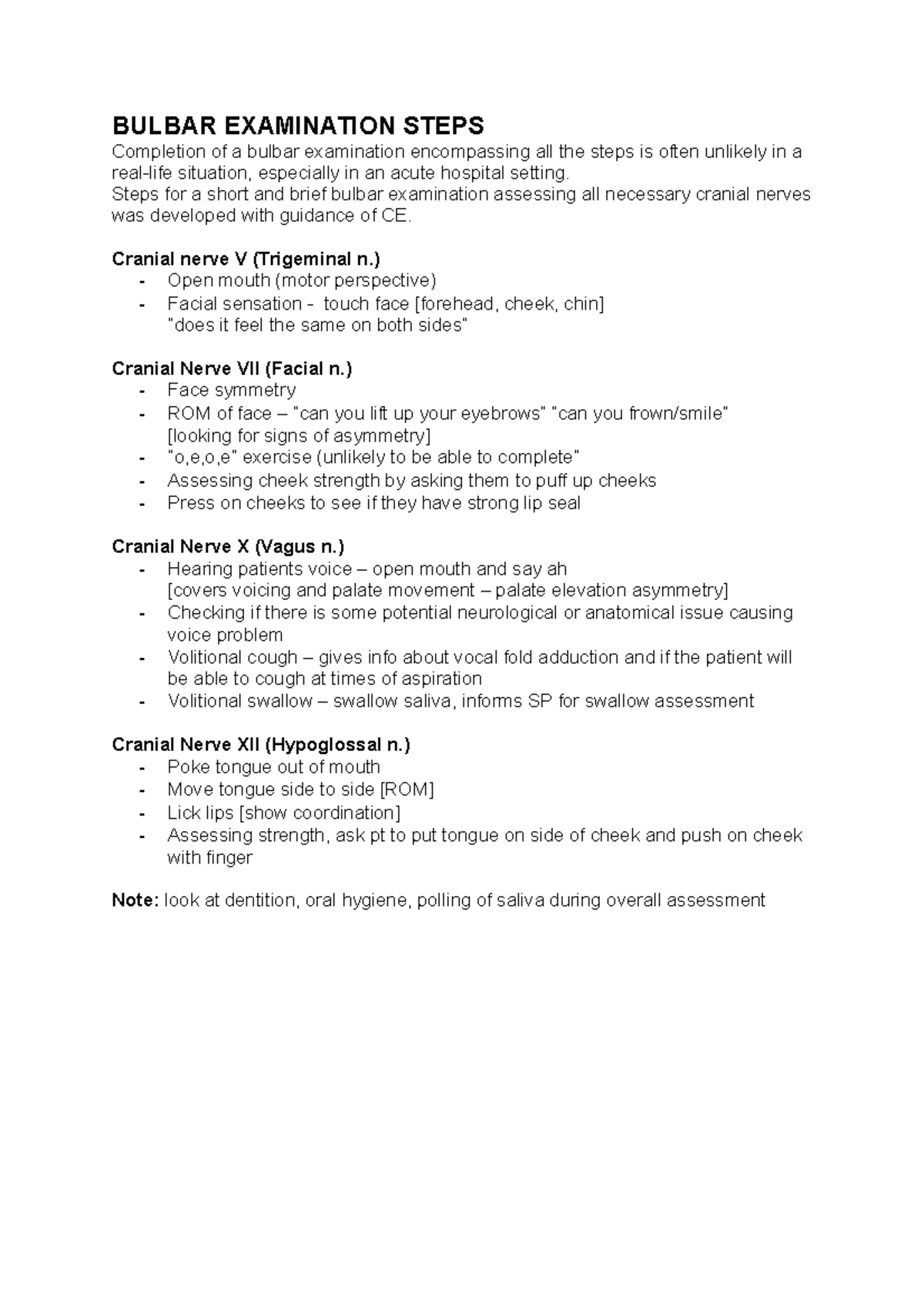Additional doc bulbar - BULBAR EXAMINATION STEPS Completion of a bulbar ...