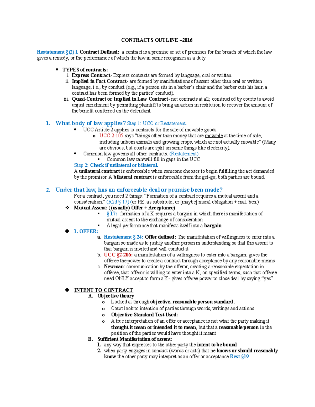 Contracts Outline (done) - CONTRACTS OUTLINE –2016 Restatement §(2) 1 ...