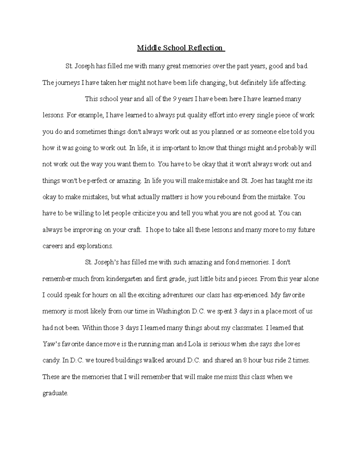 Middle school reflection - Middle School Reflection St. Joseph has ...