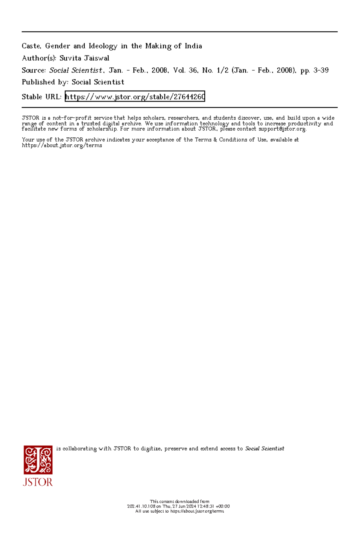 Jaiswal-Caste Gender Ideology-2008 - Caste, Gender and Ideology in the ...