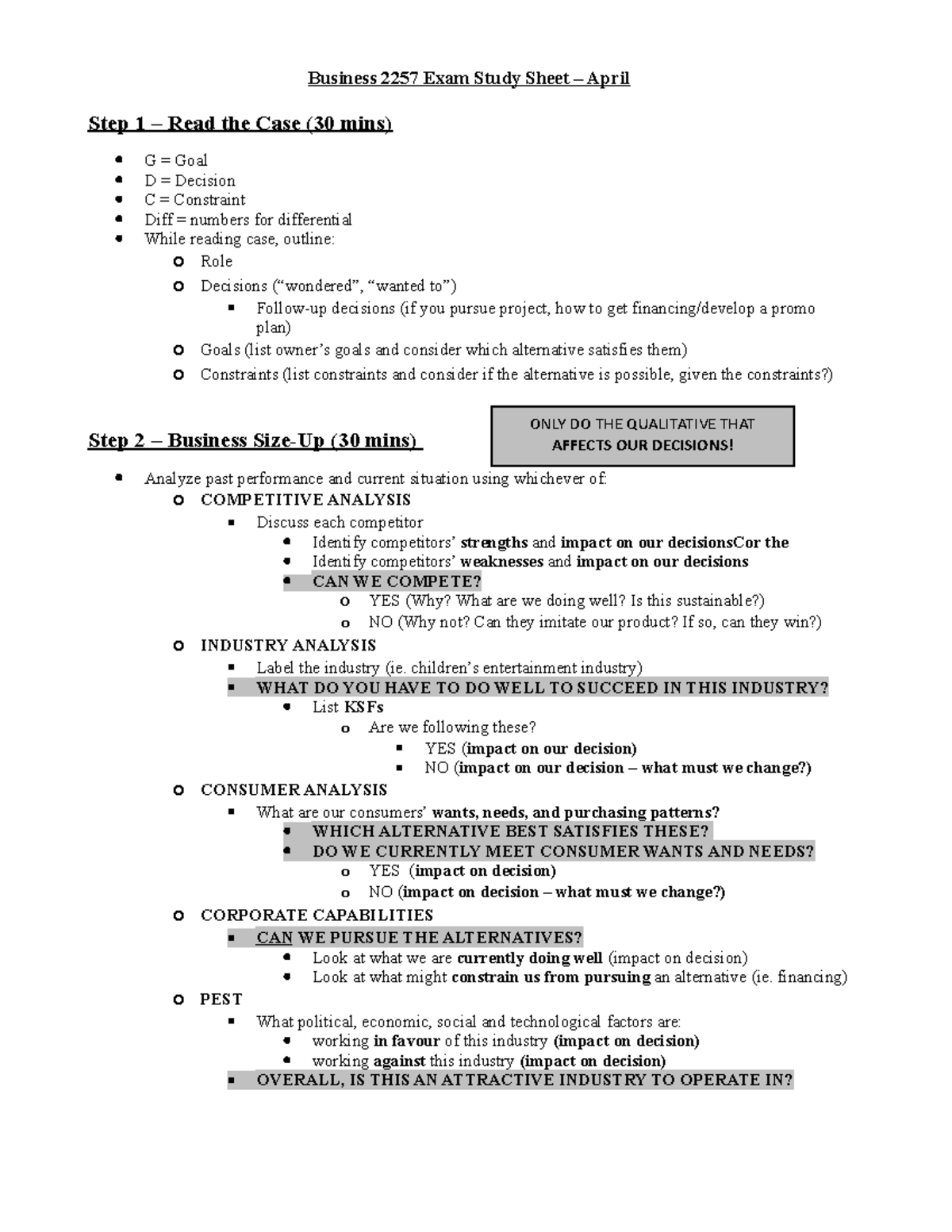 Business 2257 Exam Study Sheet - April - Business 2257 Exam Study Sheet – April Step 1 – Read ...