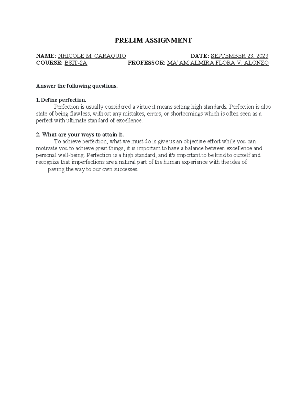 FCL Prelim Assignment - Knowledge - PRELIM ASSIGNMENT NAME: NHICOLE M. CARAQUIO DATE: SEPTEMBER ...