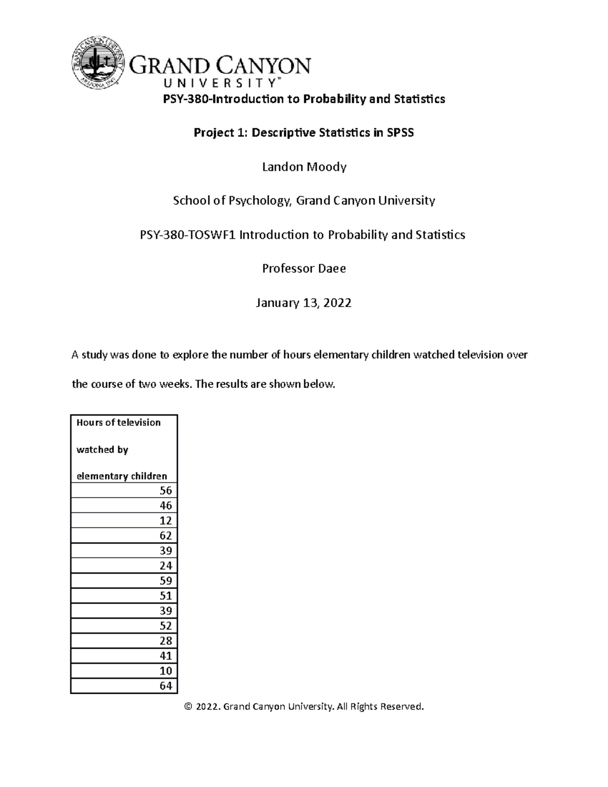 Psy380 Rs T2 Project 1 Descriptive Stats Spss Psy 380 Introduction To