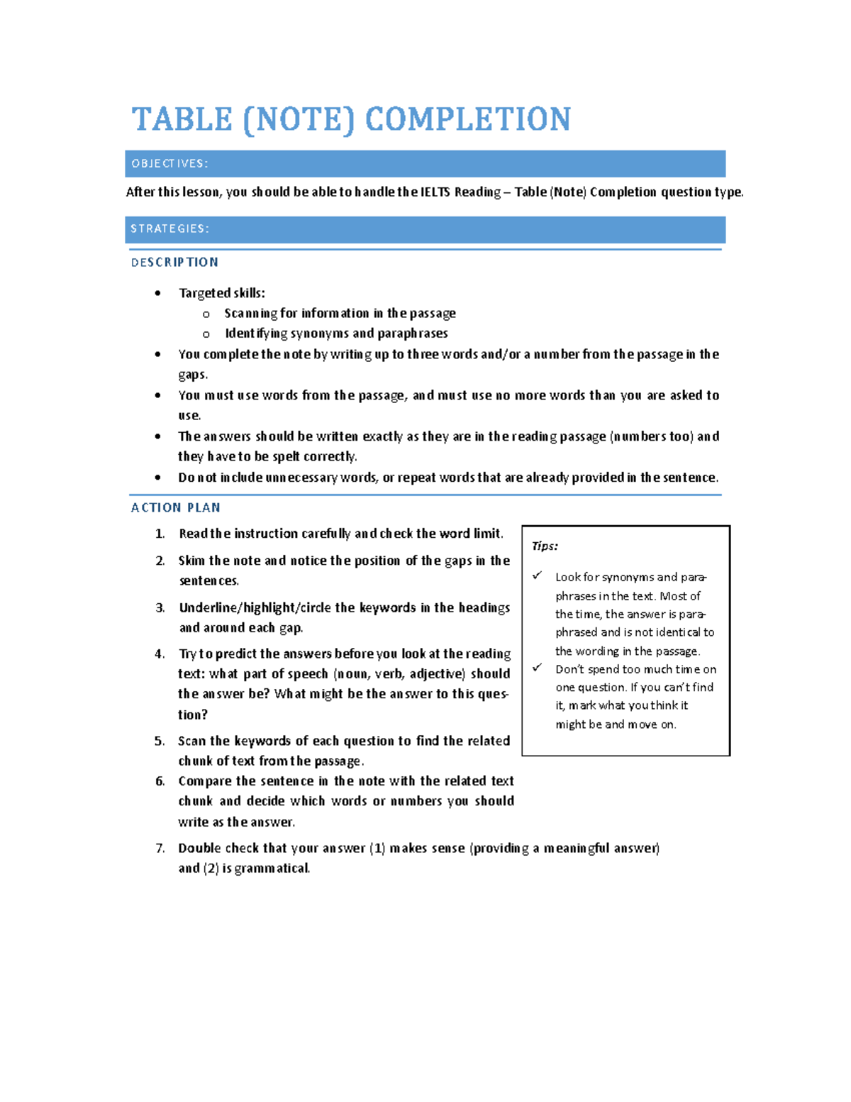 Reading - Table Completion Strategies - OBJECT IVES: fter this lesson ...