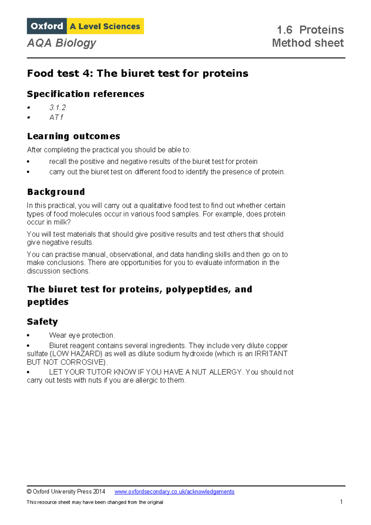 Biurets test - 1 Proteins AQA Biology Method sheet Food test 4: The ...